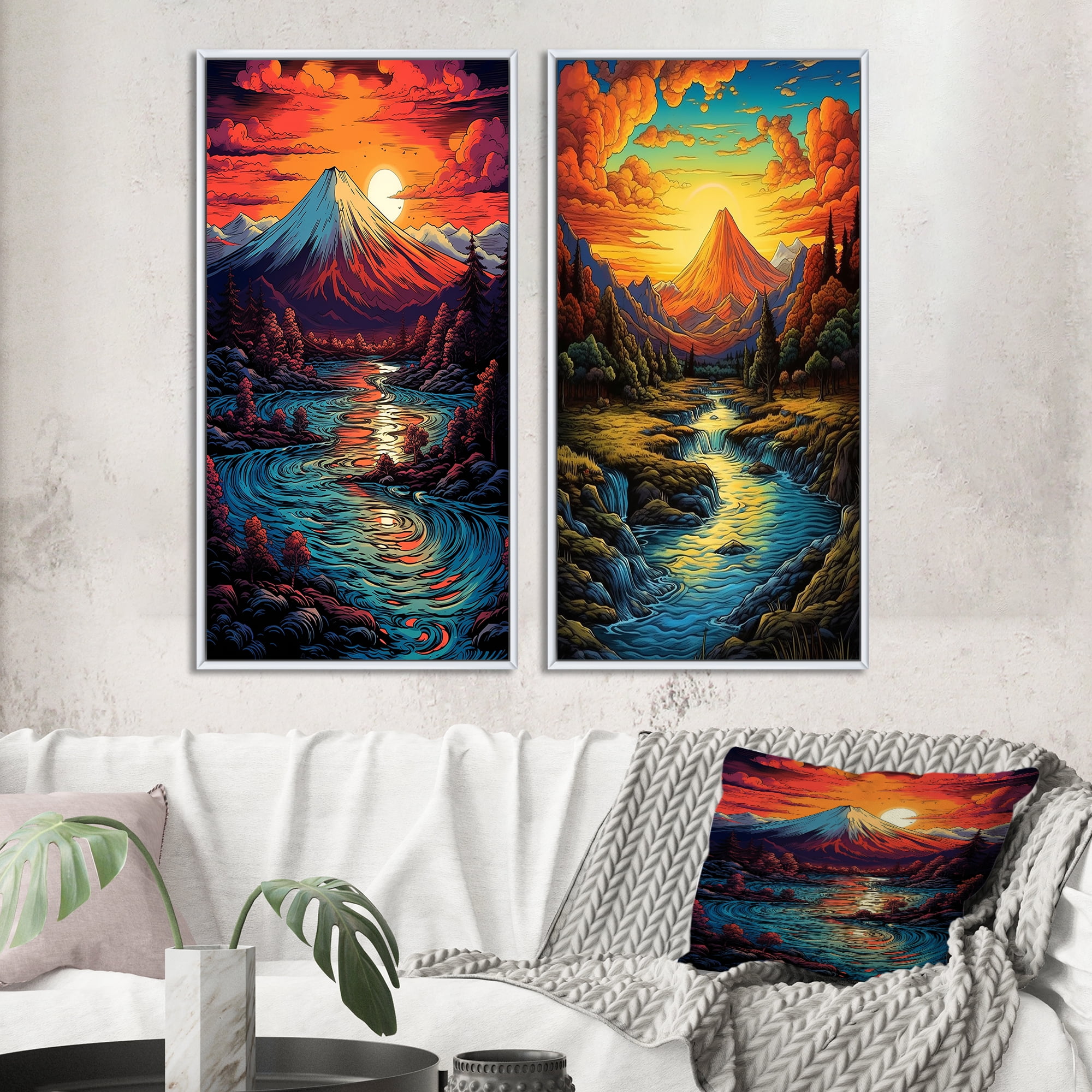 Designart "Sunset over Japanese Mountains Snowy River Scene III ...
