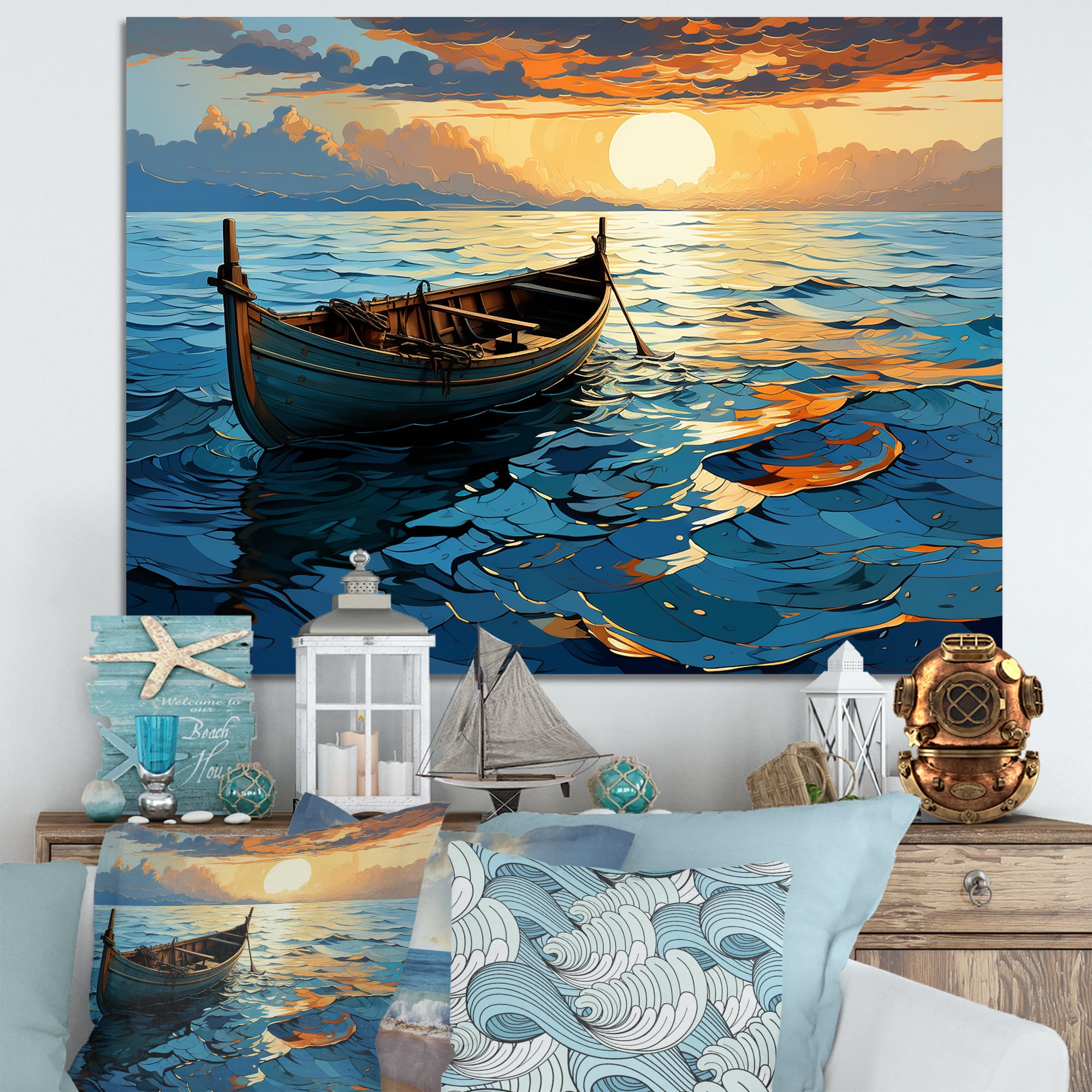 Designart "Sunset Landscape with Sea Boat" Coastal Wall Art - Coastal ...