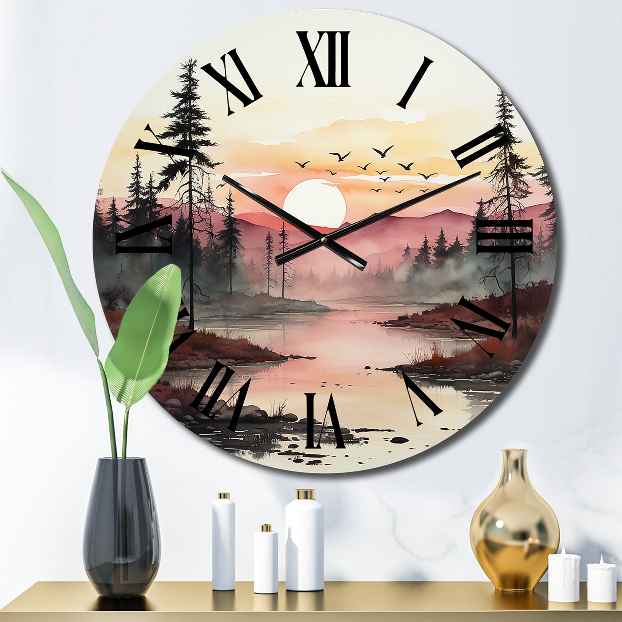 Designart "Sunset Over Lake River in Pink" Landscapes Oversized Wall ...