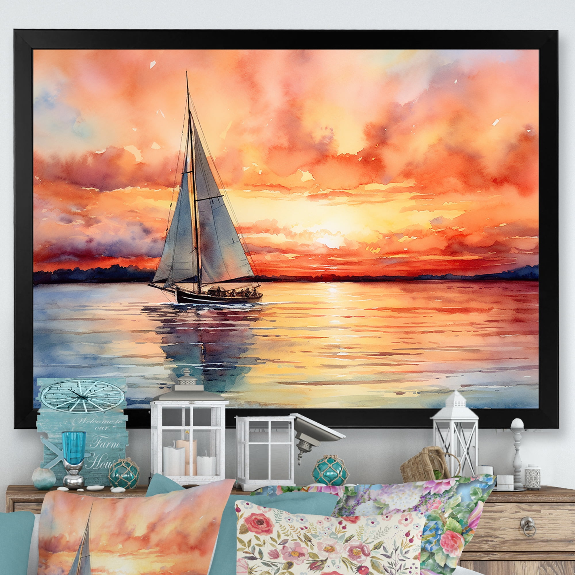 Designart "Sunset Palette Pastel Sailboat Silhouette V" Transportation ...