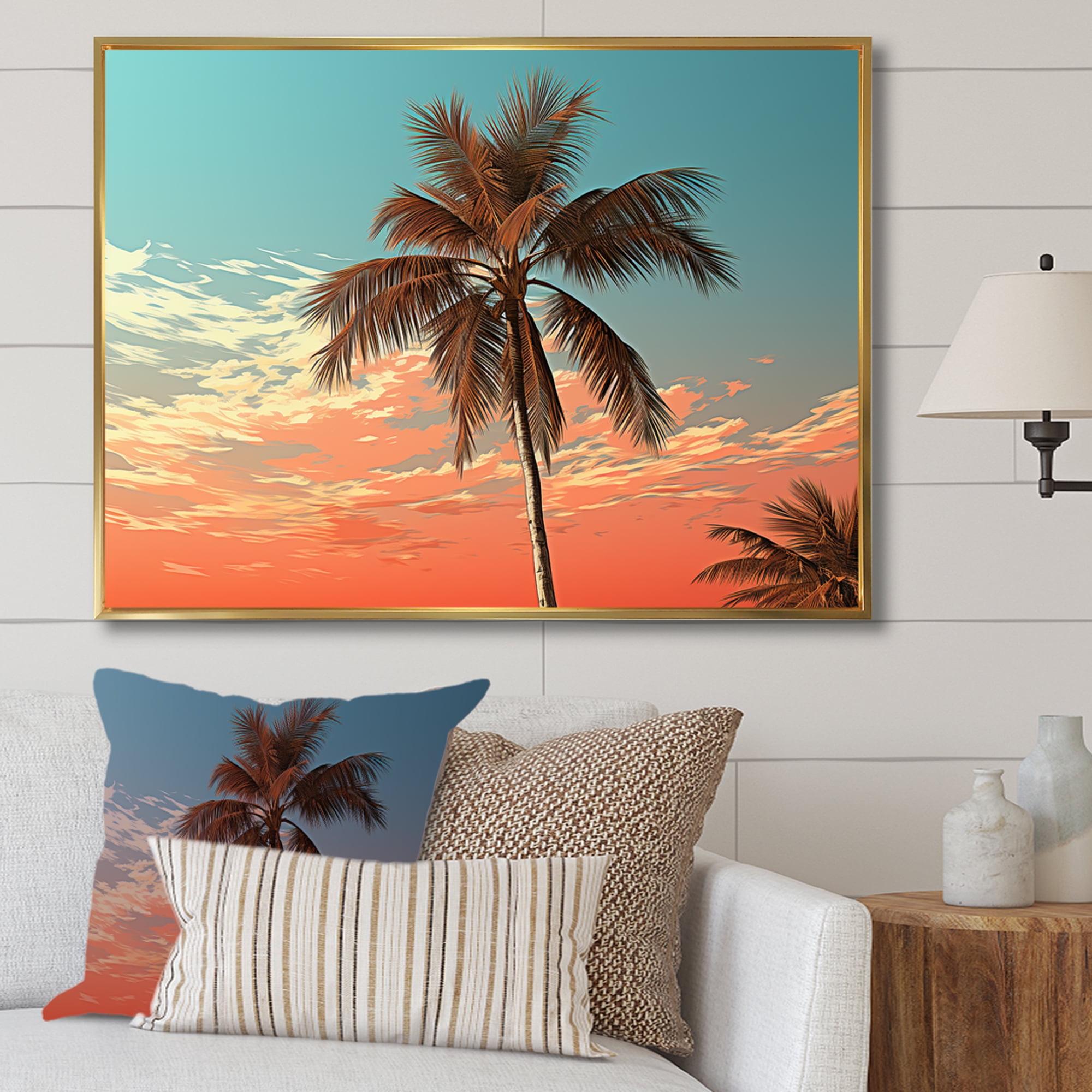 Designart "Sunset'S Palm Tree" Palms & Palm Trees Floater Framed Wall ...