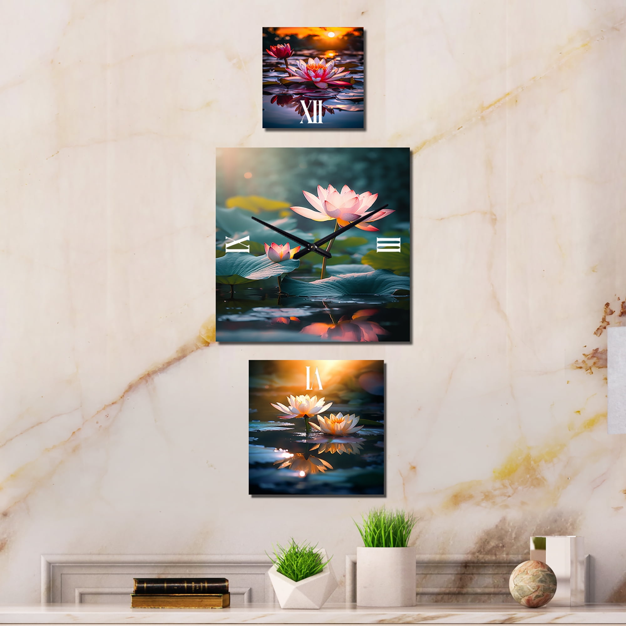 Designart "Sunset Serenity Lotus Pond" Lotus Oversized Wall Clock - Set ...