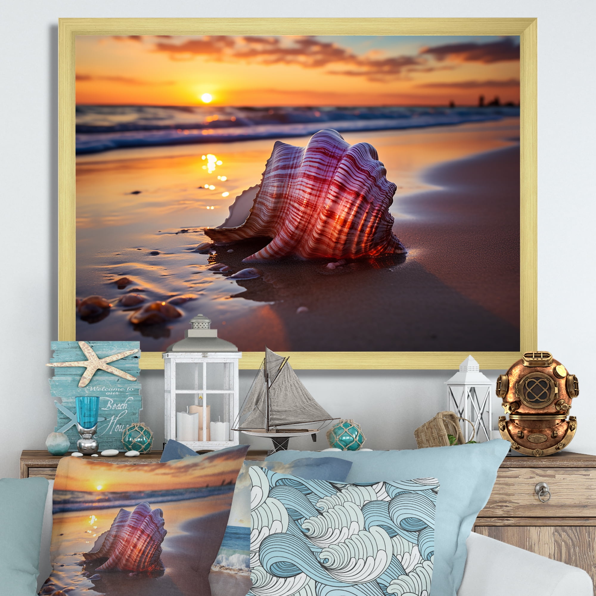 Designart "Sunset Shoreline Treasures Revealed I" Coastal Framed Wall ...