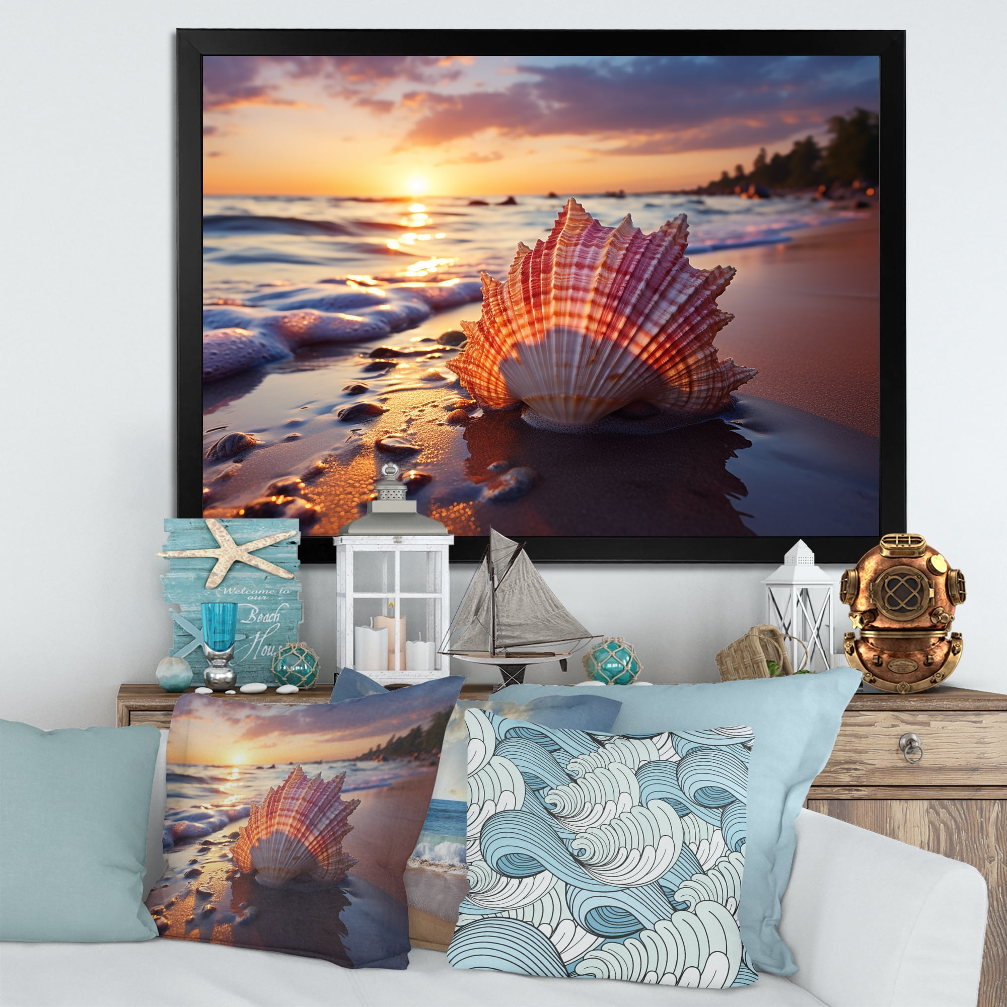 Designart "Sunset Shoreline Treasures Revealed IV" Coastal Framed Wall ...