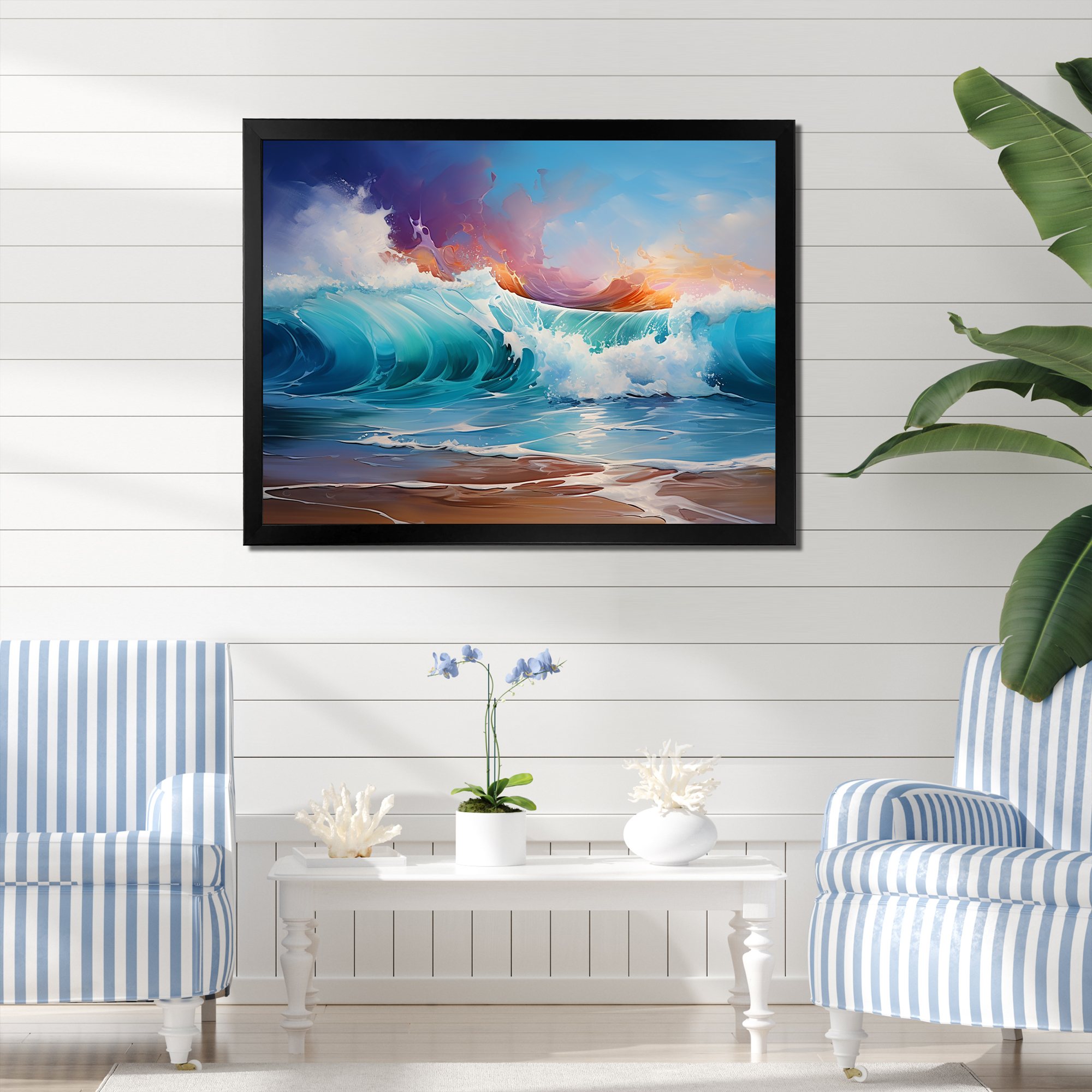 Designart "Sunset Shoreline Waves II" Coastal Framed Wall Art Decor ...