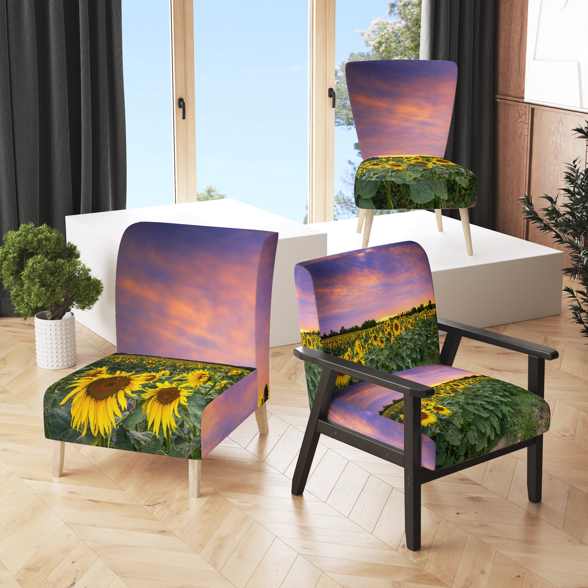 Designart "Sunset Sunflower Field" Upholstered Traditional Accent Chair ...