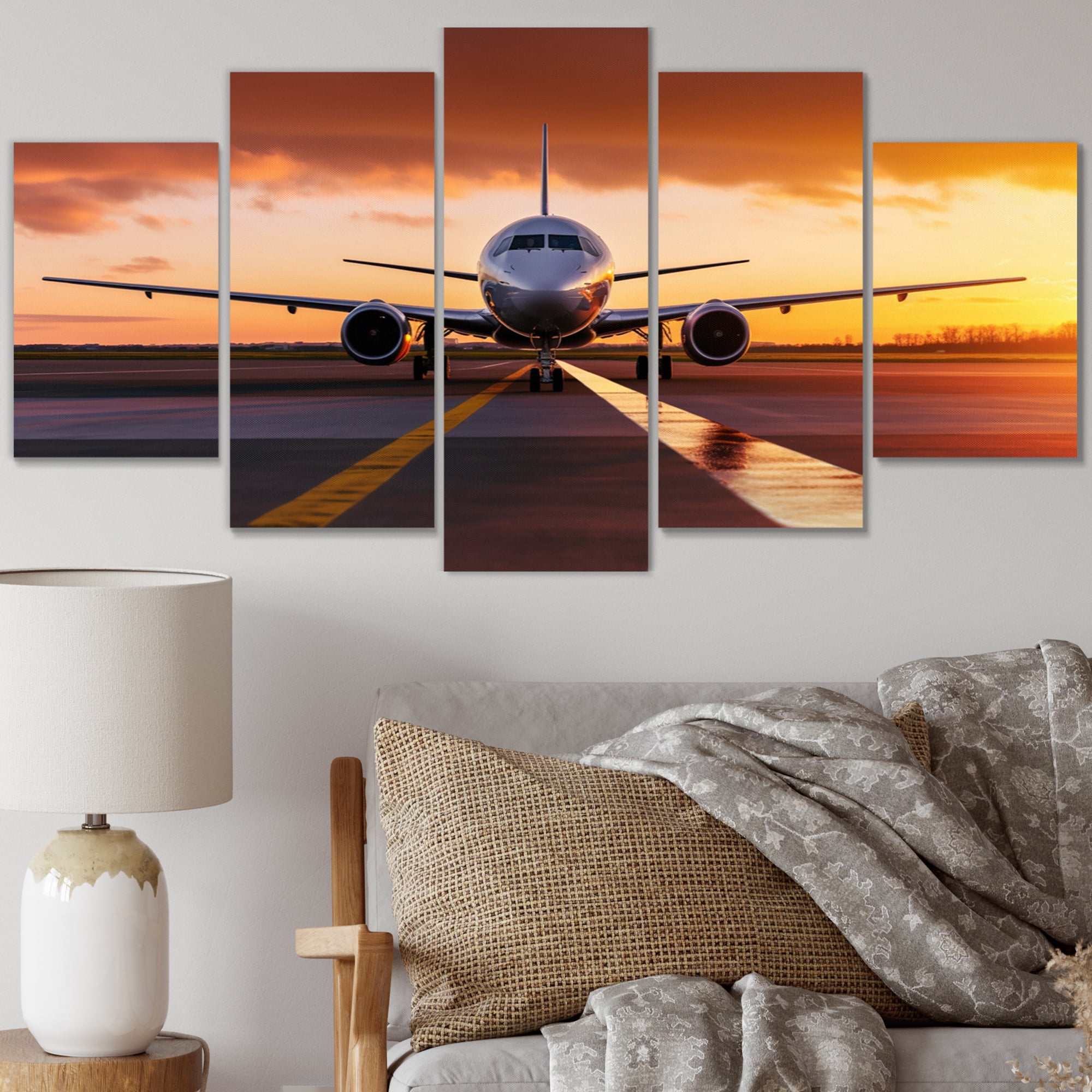 Designart "Sunset with Airplane II" Transportation Metal Wall Decor Set ...