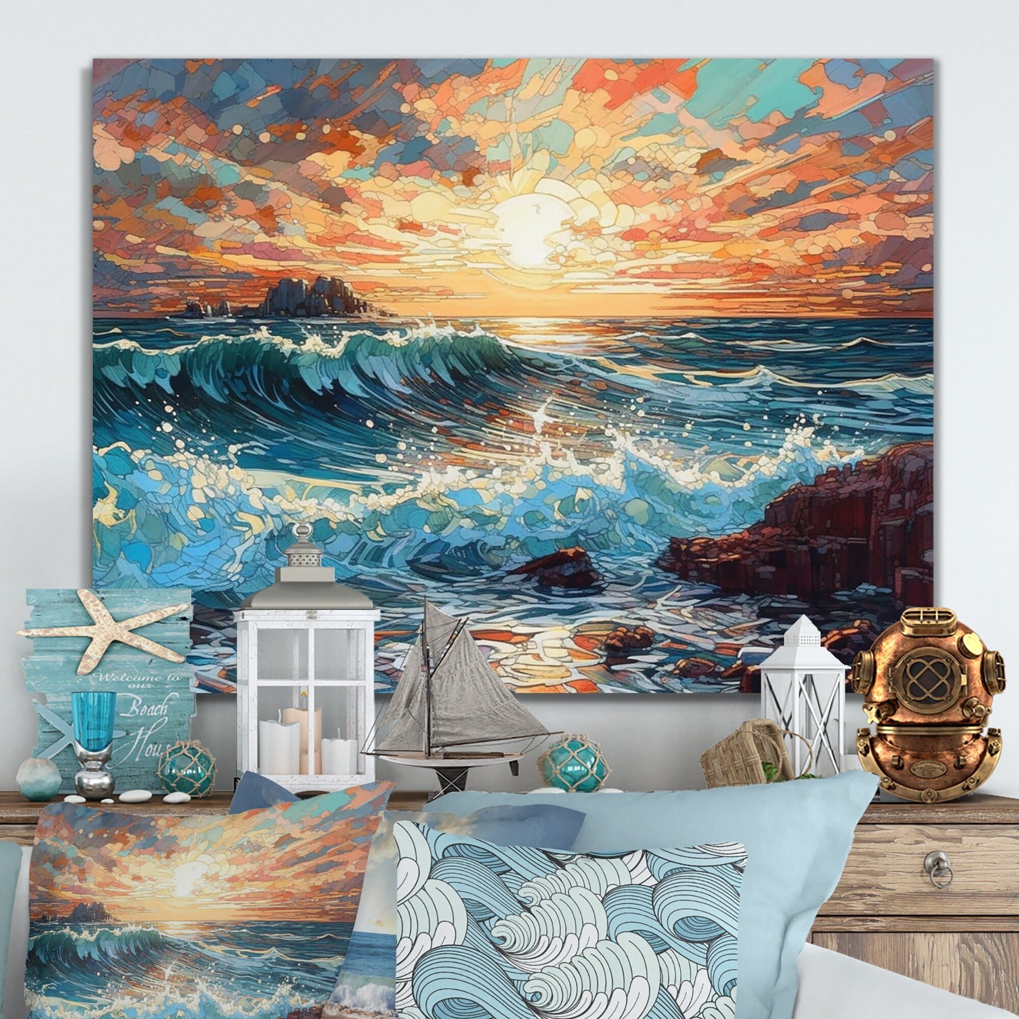 Designart "Sunset with Green Tones at the Beach IV" Modern Landscape ...