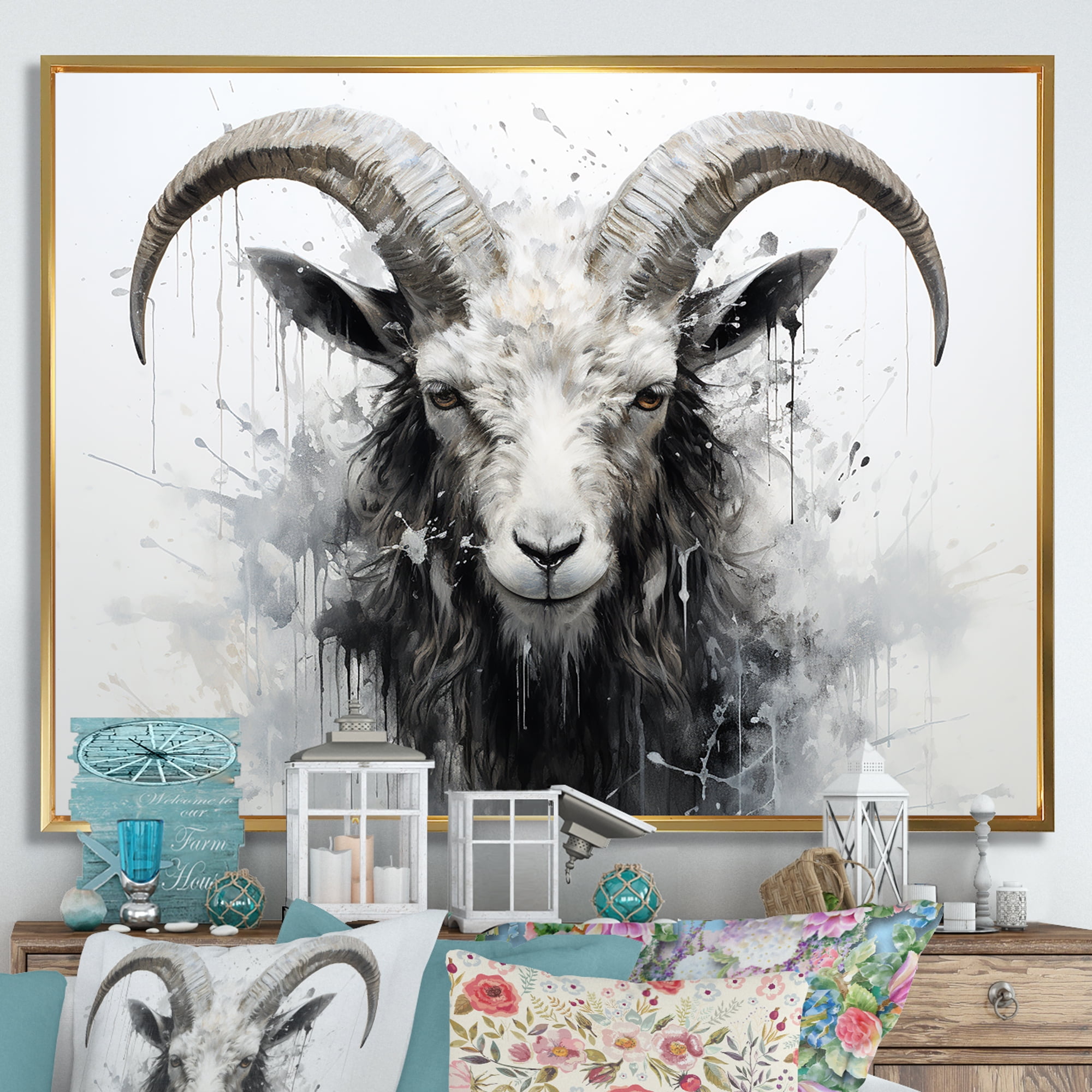 Designart "Supremacy Of The Black And White Ram I" Animals Goat Floater ...
