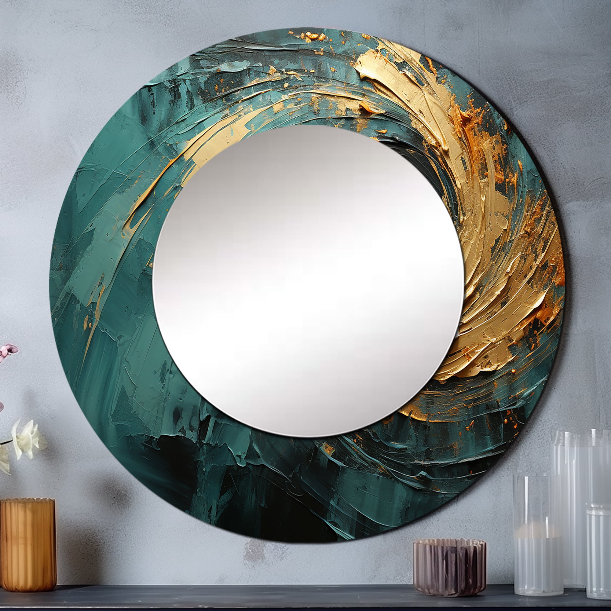 Designart "Surging In Golden Emerald" Abstract Spirals Rund Mirror For ...