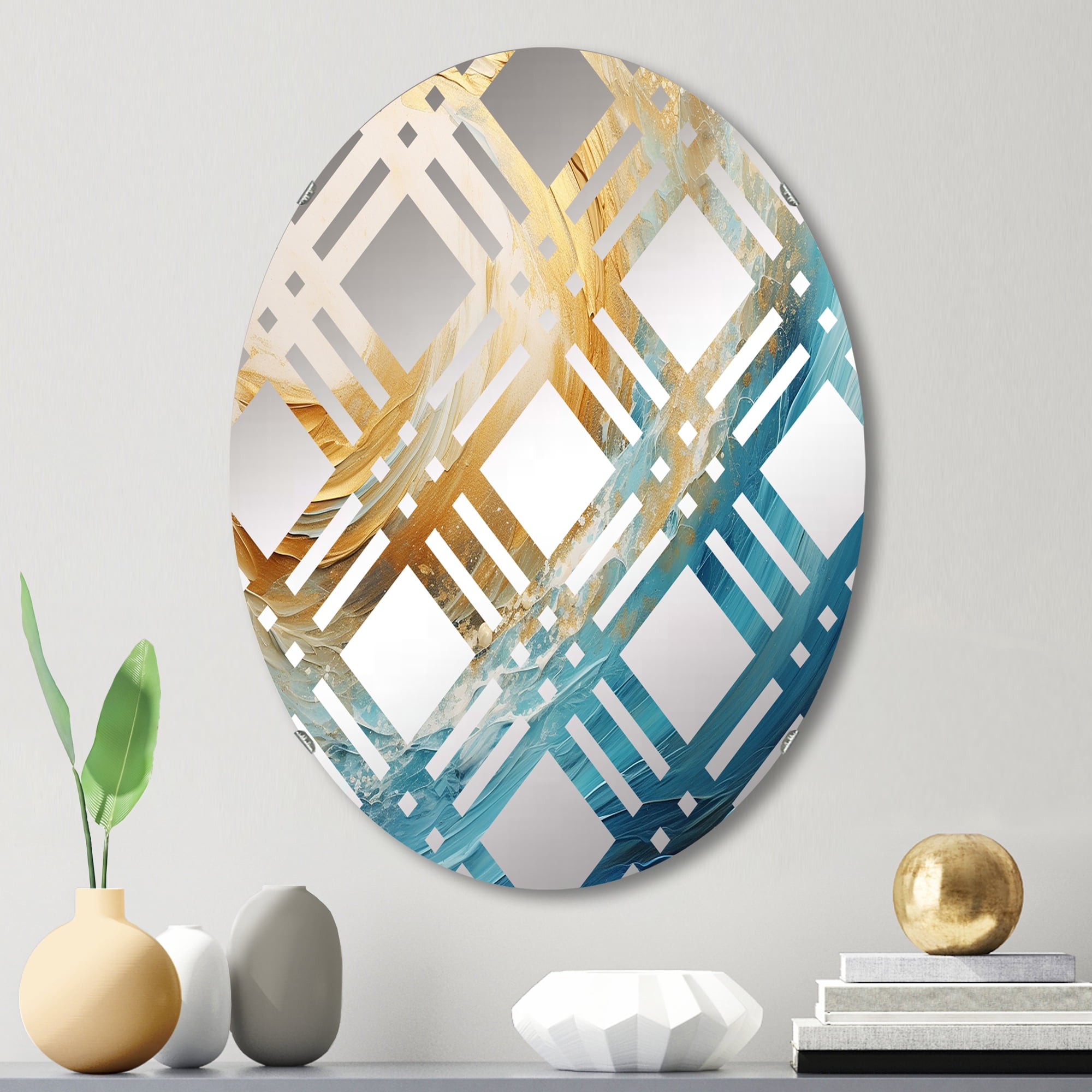 Designart "Surging in Golden Sapphire V" Abstract Spirals Plaid Round ...
