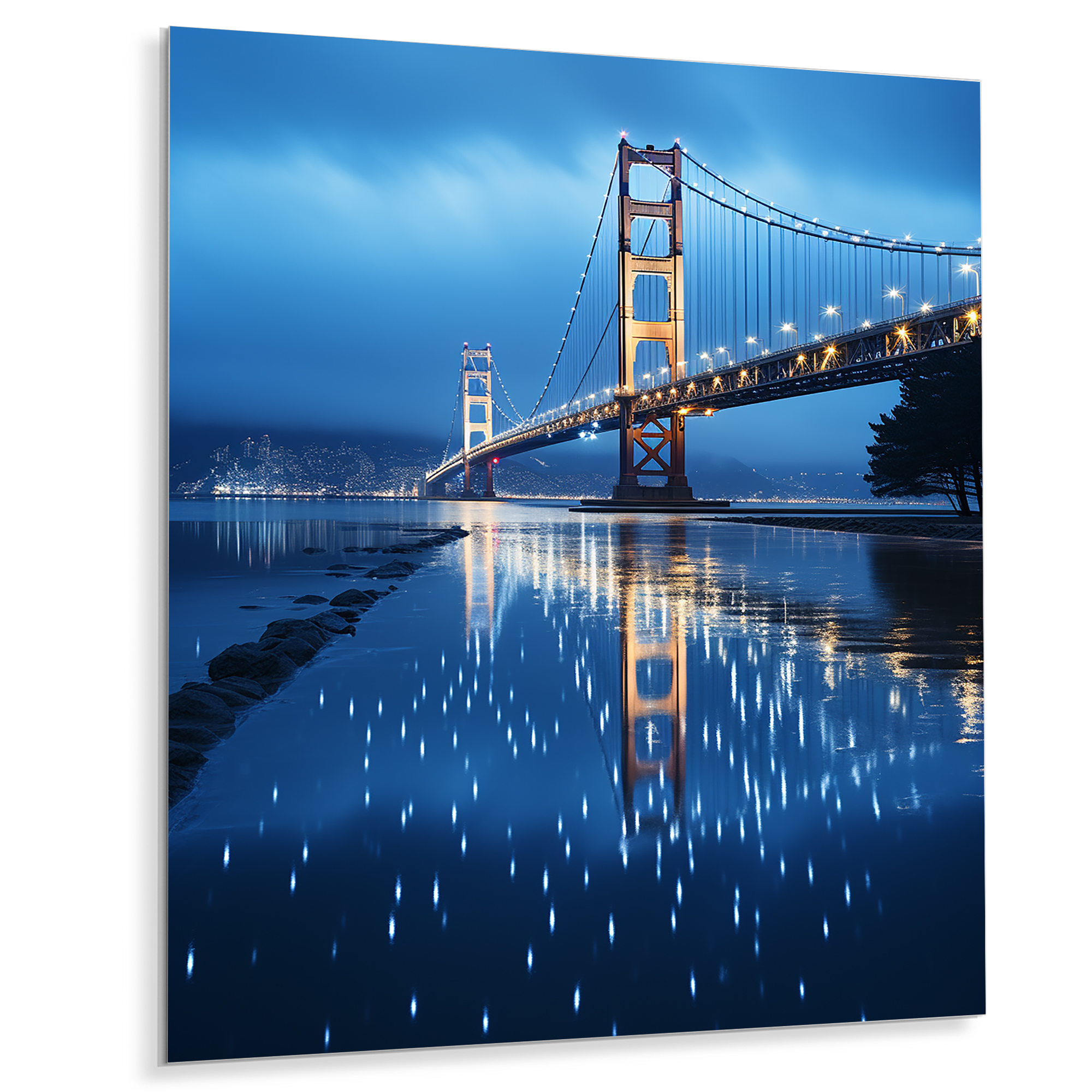 Designart "Suspension Bridge Charcoal Blue Wonder I" Cityscapes Metal ...