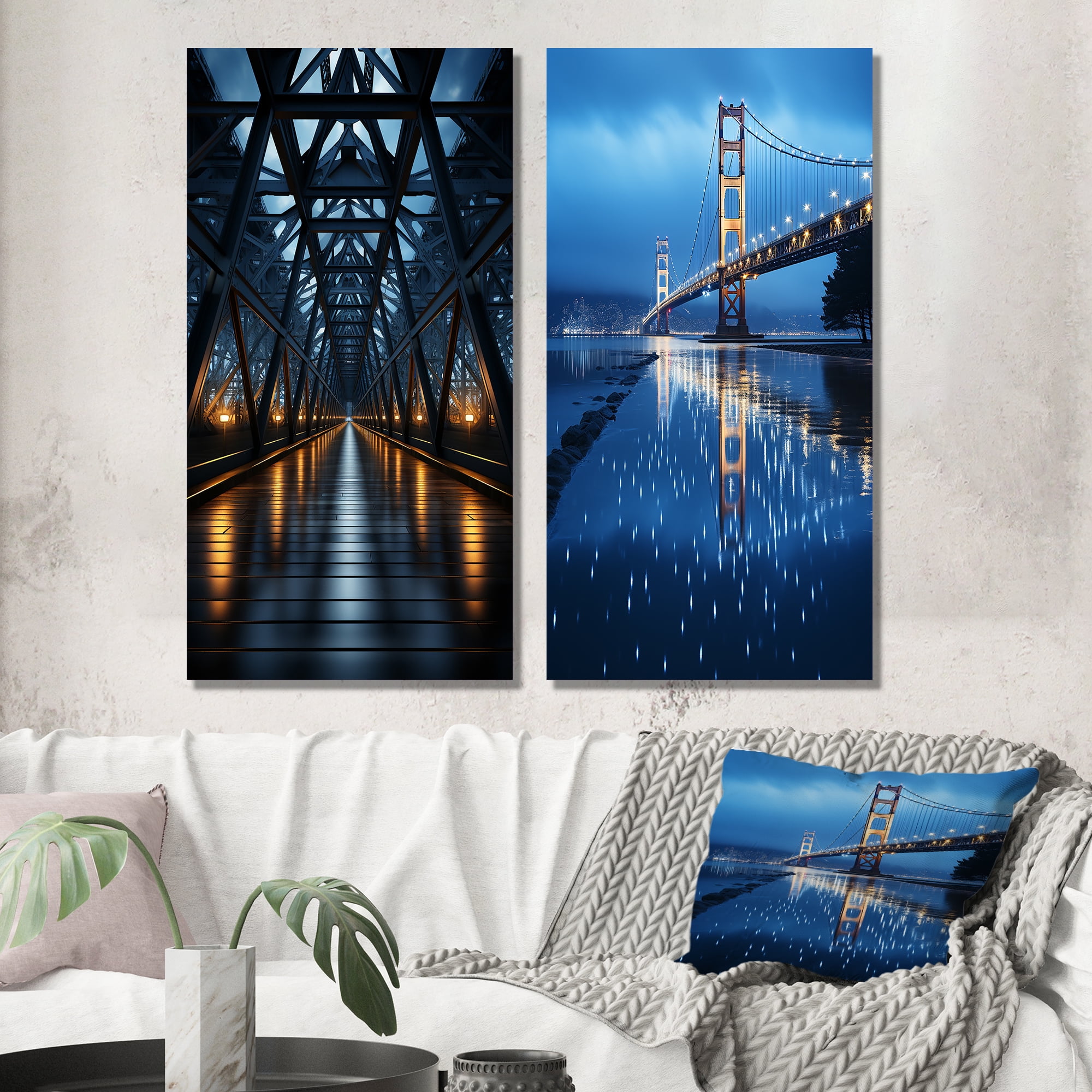 Designart "Suspension Bridge Charcoal Blue Wonder II" Bridges Wall Art ...