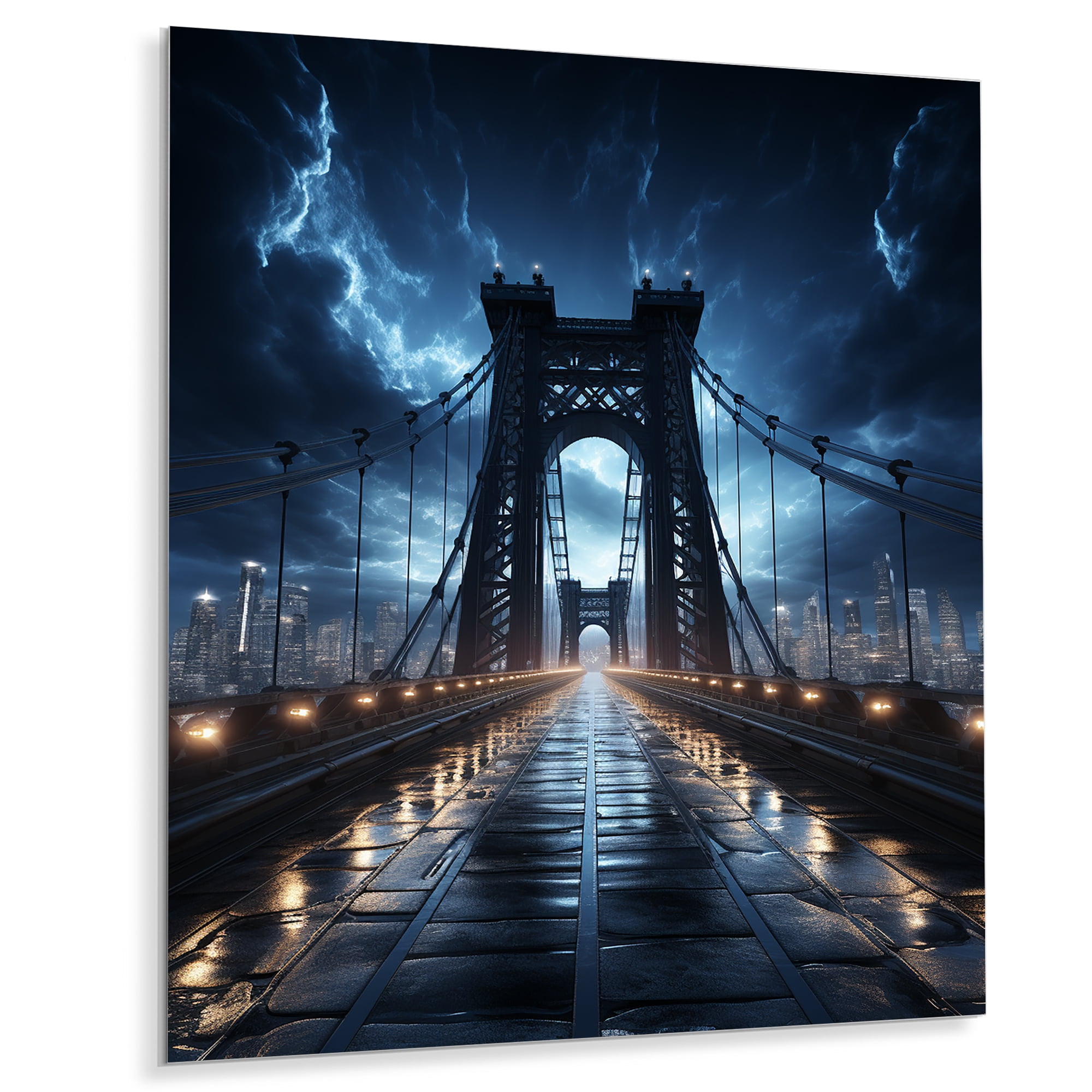 Designart "Suspension Bridge Charcoal Blue Wonder III" Bridges Metal ...