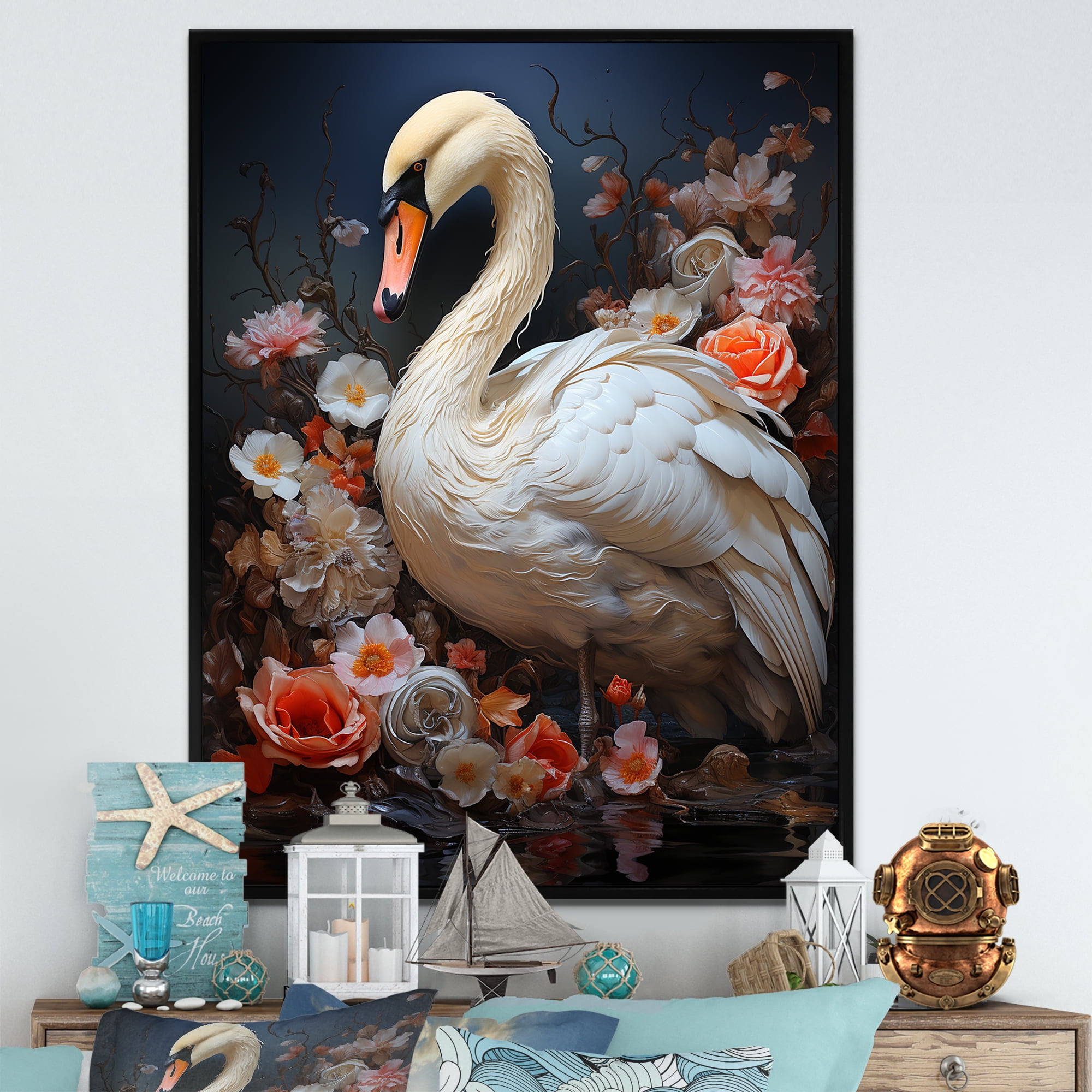 Designart "Swan Serenade in Pink and White Blooms I" Animals Framed Wall Art - Traditional White ...