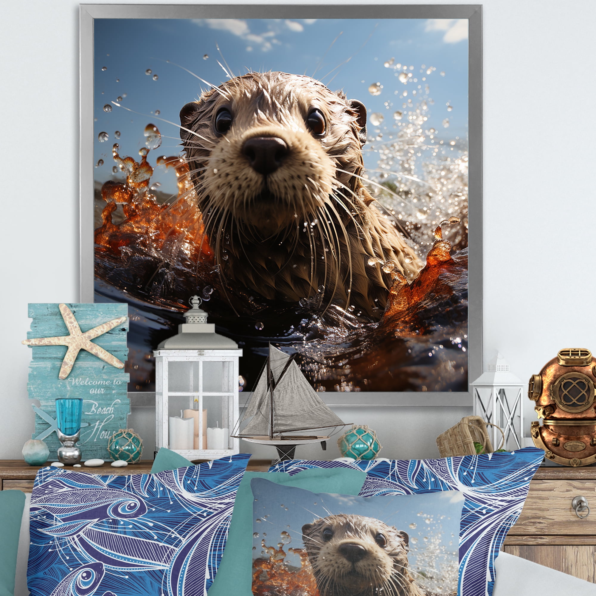 Designart "Swimming Otter Adventure" Animals Framed Wall Art Decor ...