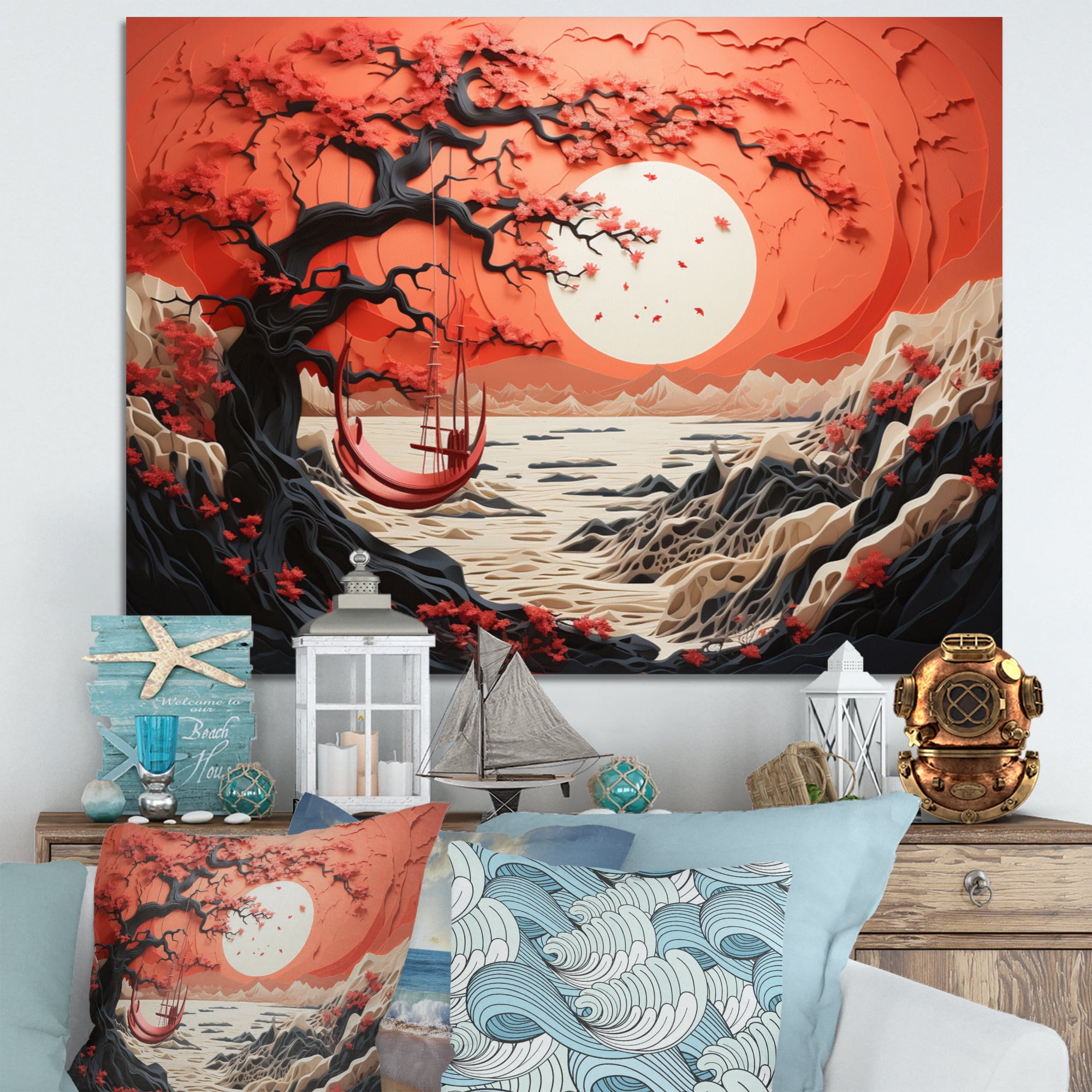 Designart "Swing Papercut Japon Seaside wall decor II" Coastal Ocean ...