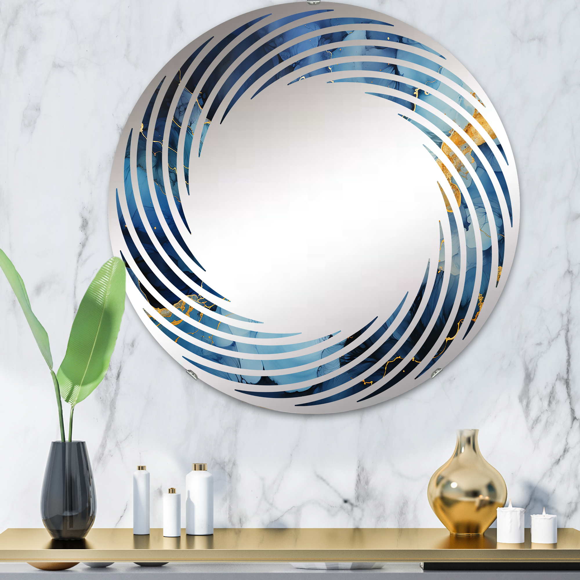 Designart "Swirling Blue Gold Cyclone" Storms Spiral Round Wall Mirror ...