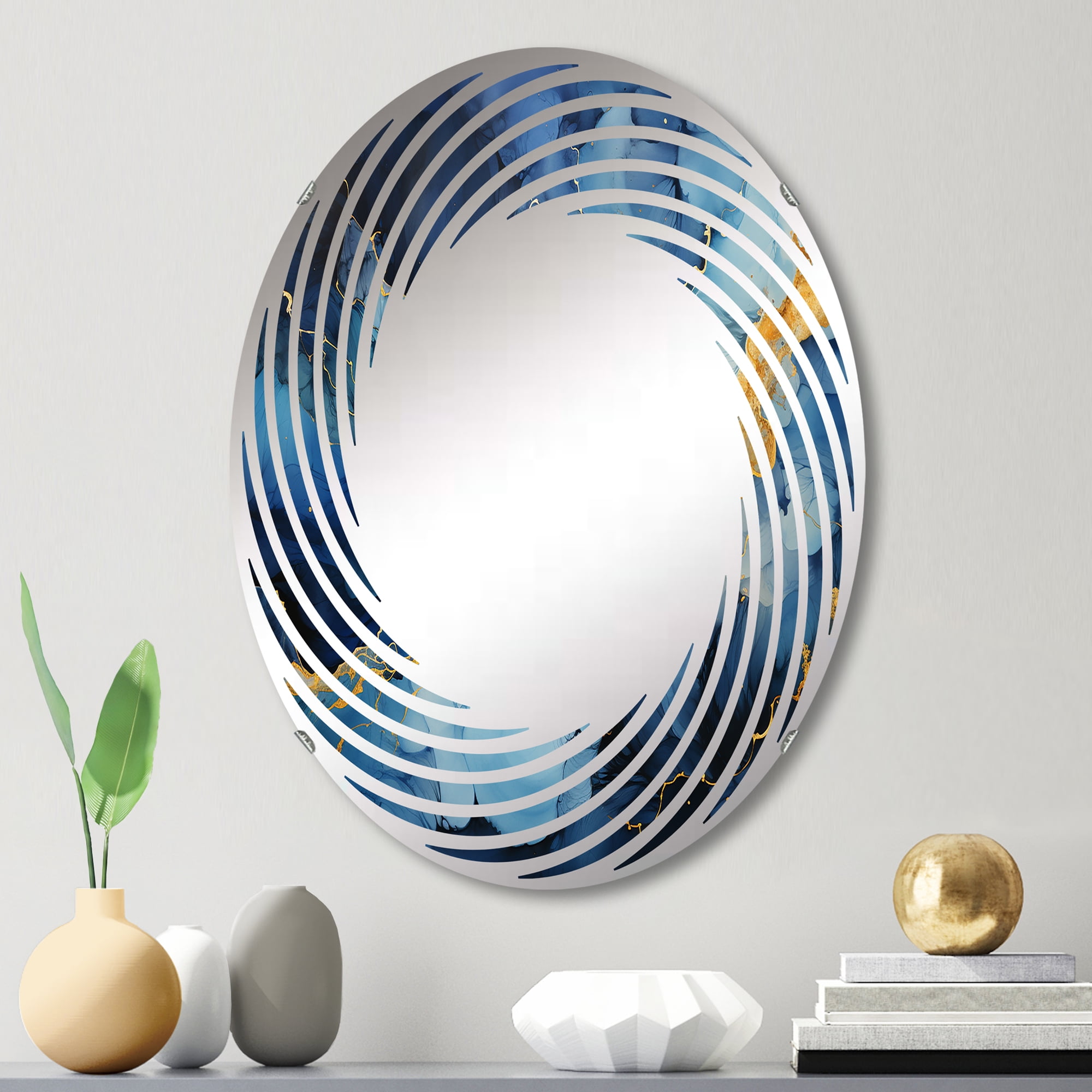 Designart "Swirling Blue Gold Cyclone" Storms Spiral Round Wall Mirror ...