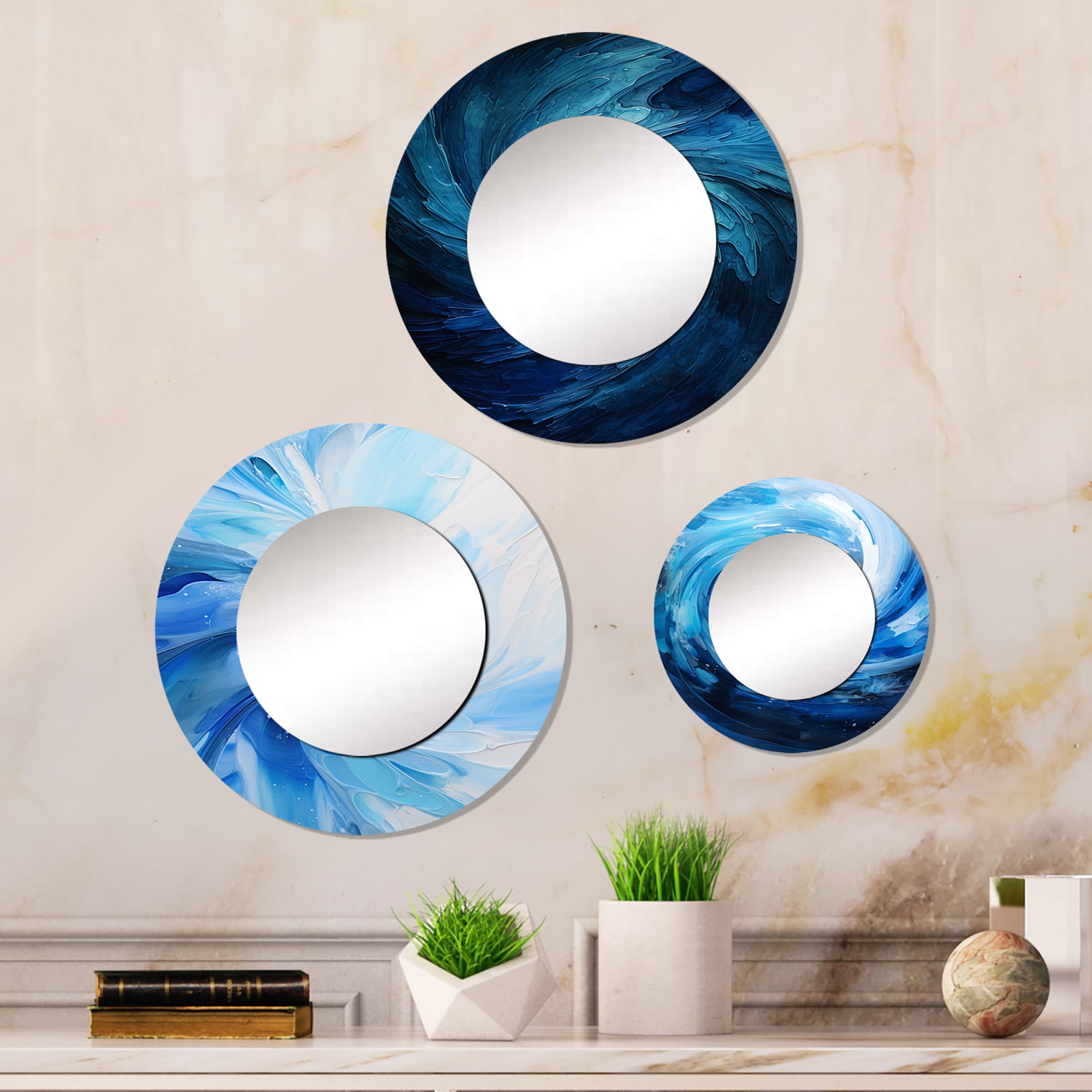 Designart "Swirling Blue Wave Spiral" Abstract Spirals Round Mirror Set ...