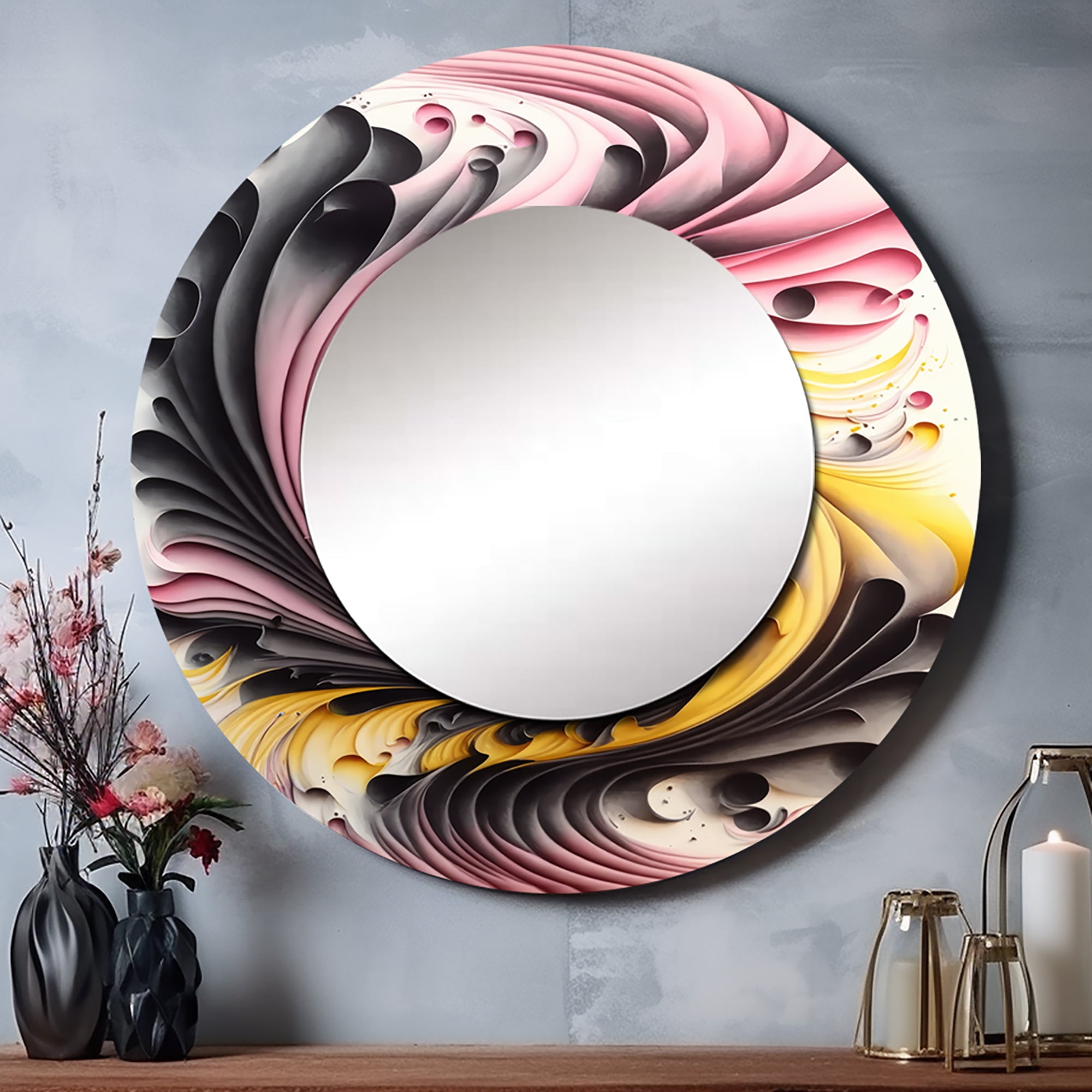 Designart "Swirling Multicolored Paint I" Abstract Pink Large Round ...