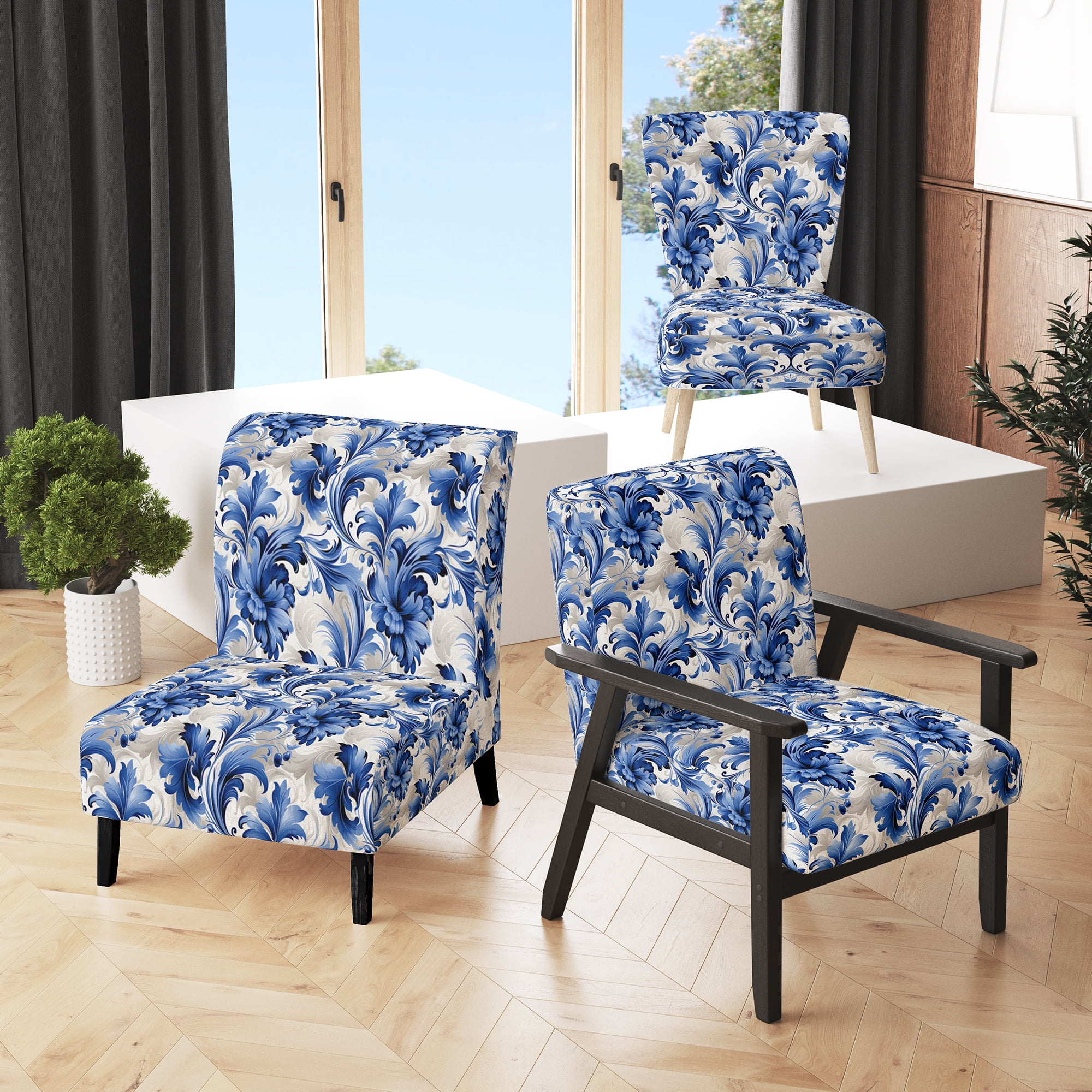 Designart "Swirling Ornaments In Cobalt Blue" Blue Swirls Upholstered ...