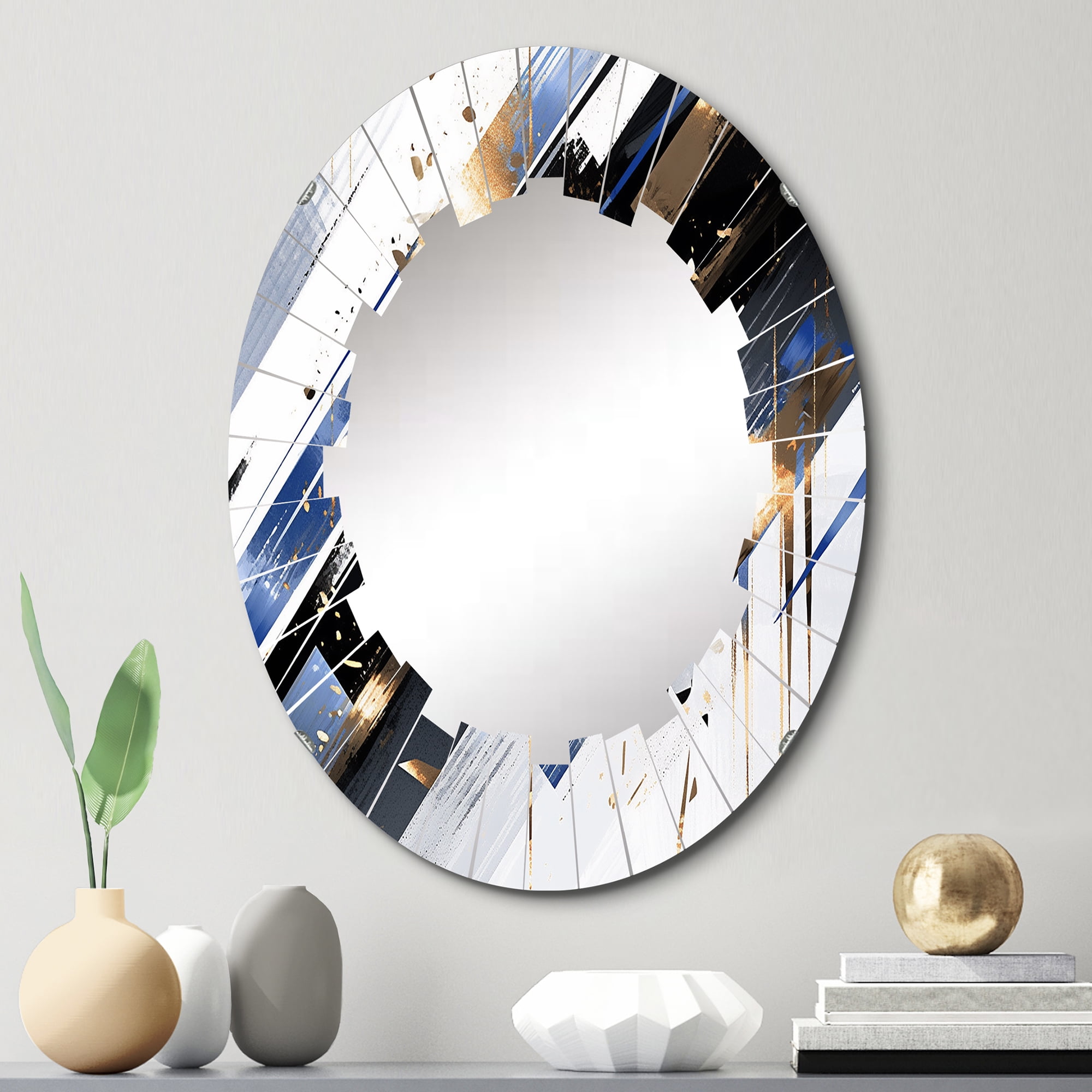 Designart "Symmetrical Abstract Blue Gold Fusion" Cubism Round Wall ...