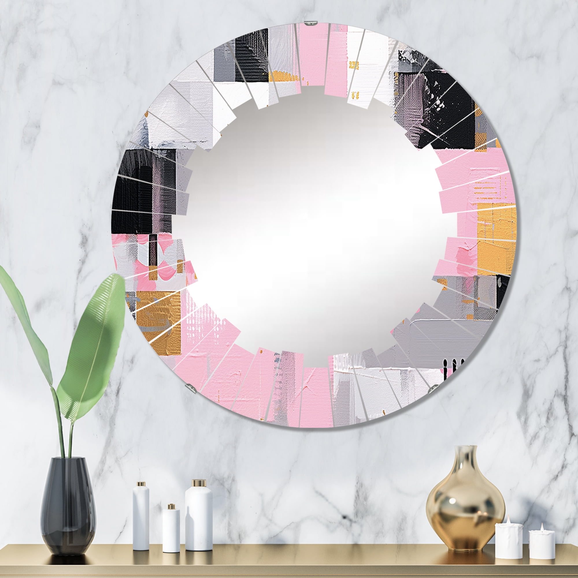 Designart "Symmetrical Abstract Grey Pink Harmony" Cubism Round Wall ...