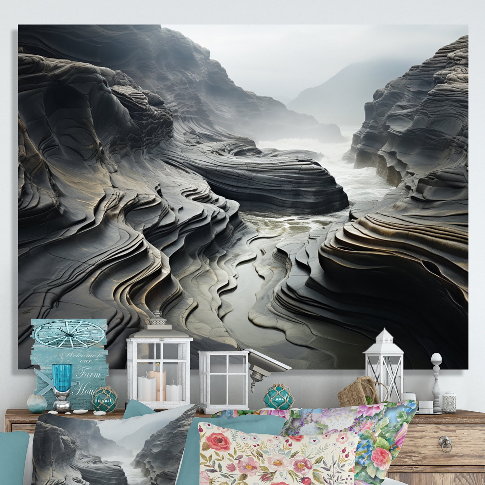 Designart "Symmetrical Grey Landscape Cliffs Beauty II" Landscapes Wall ...
