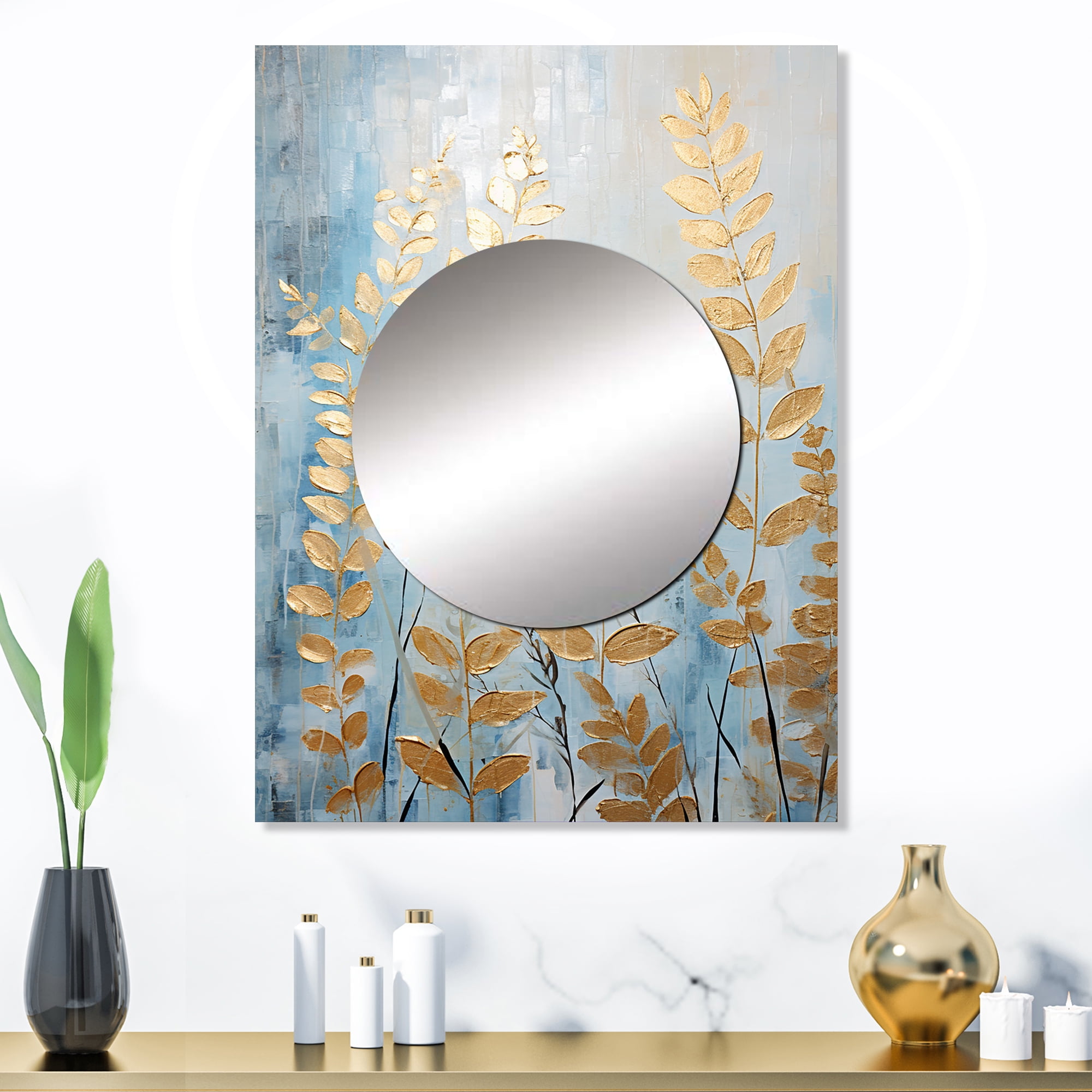 Designart "Symphony of Breezy Blue and Golden Ferns I" Ferns Mirror ...
