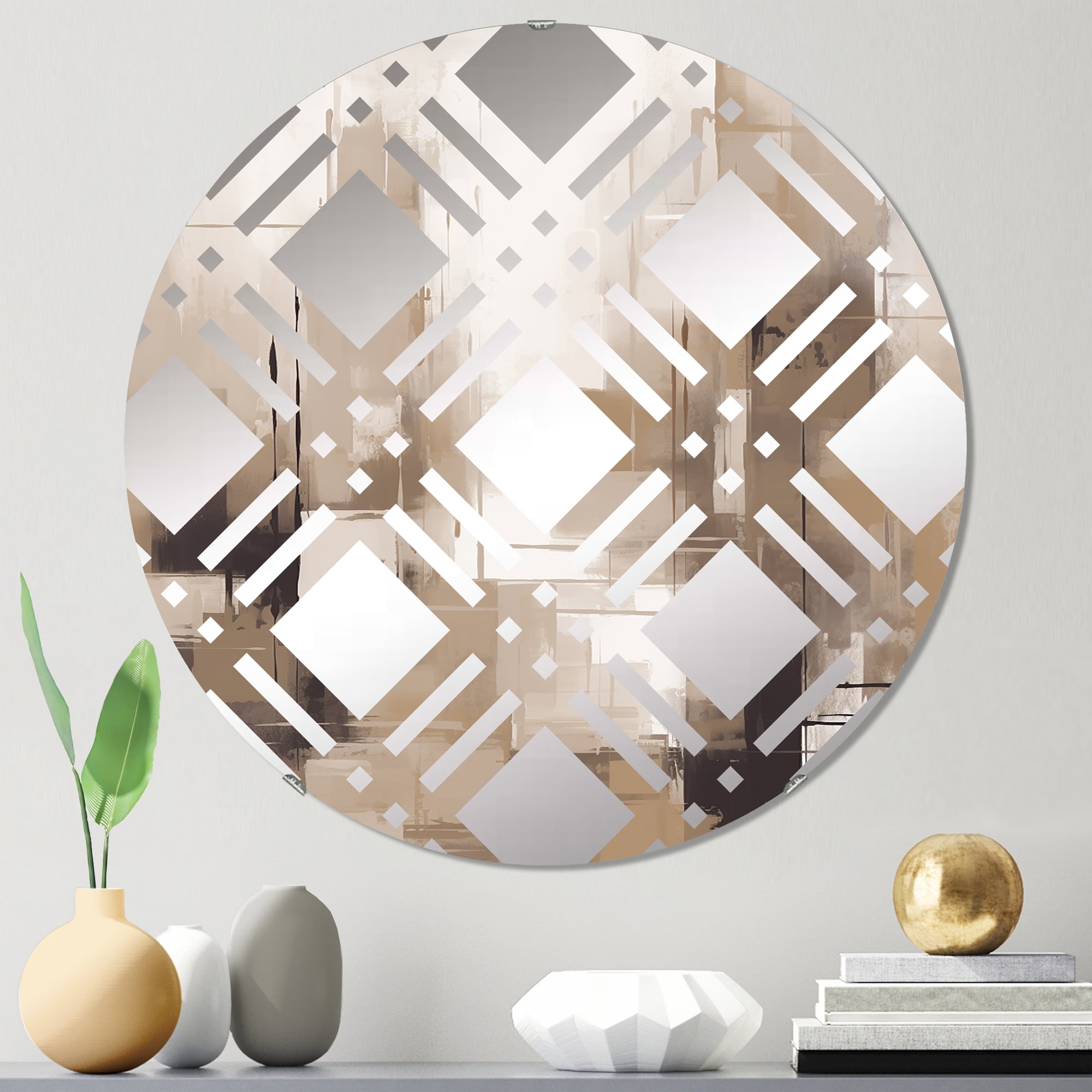 Designart "Synergy in Beige Cubism" Abstract Plaid Round Wall Mirror ...