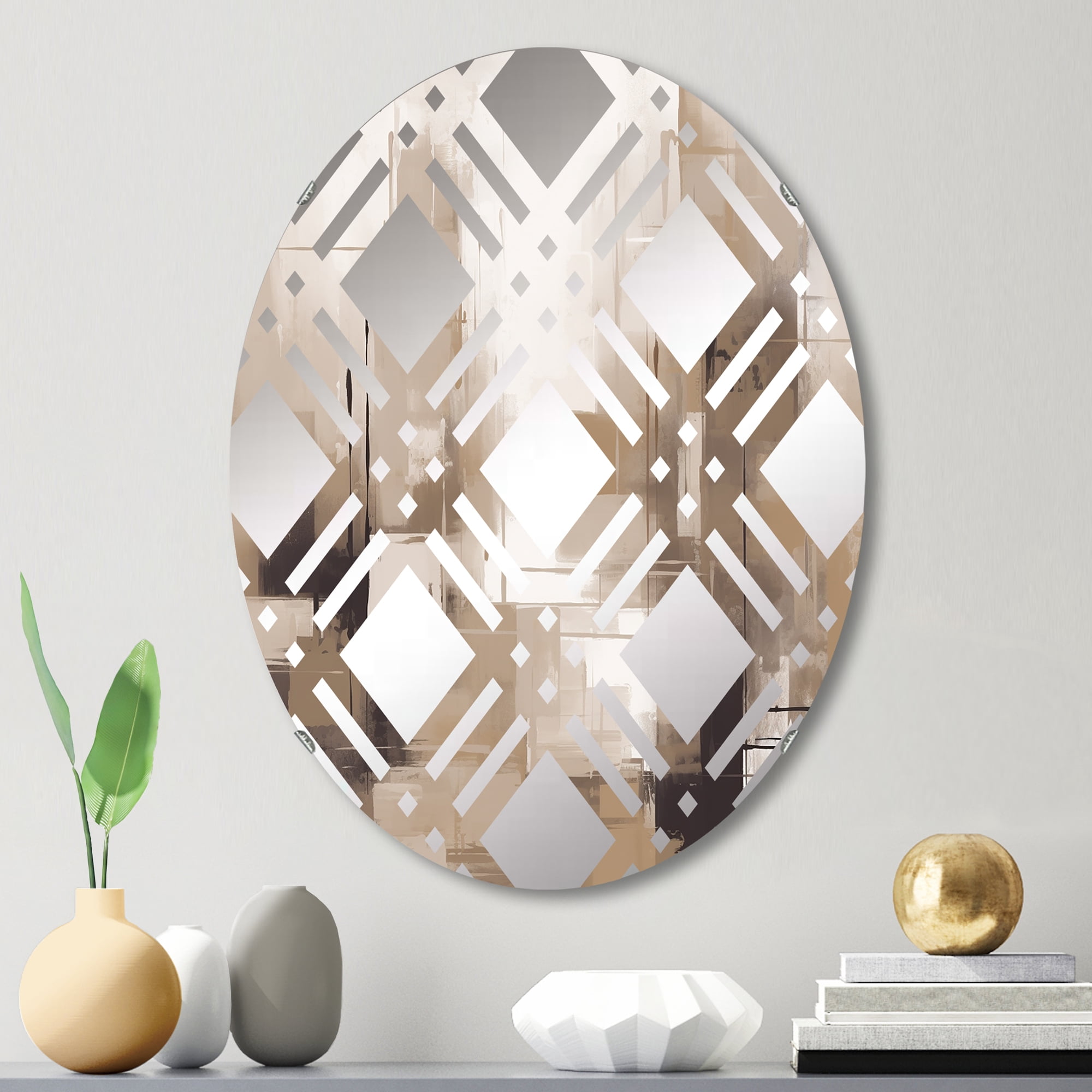 Designart "Synergy in Beige Cubism" Abstract Plaid Round Wall Mirror ...