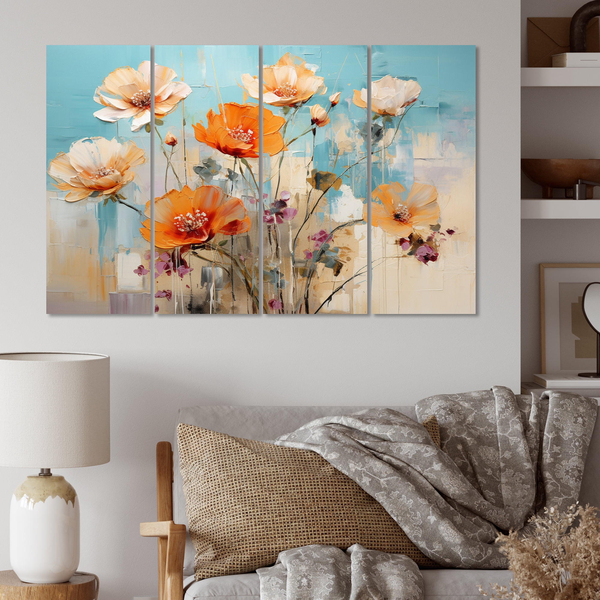 Designart "Tangerine Azure Cactus Depiction" Floral Art Living Room Set ...
