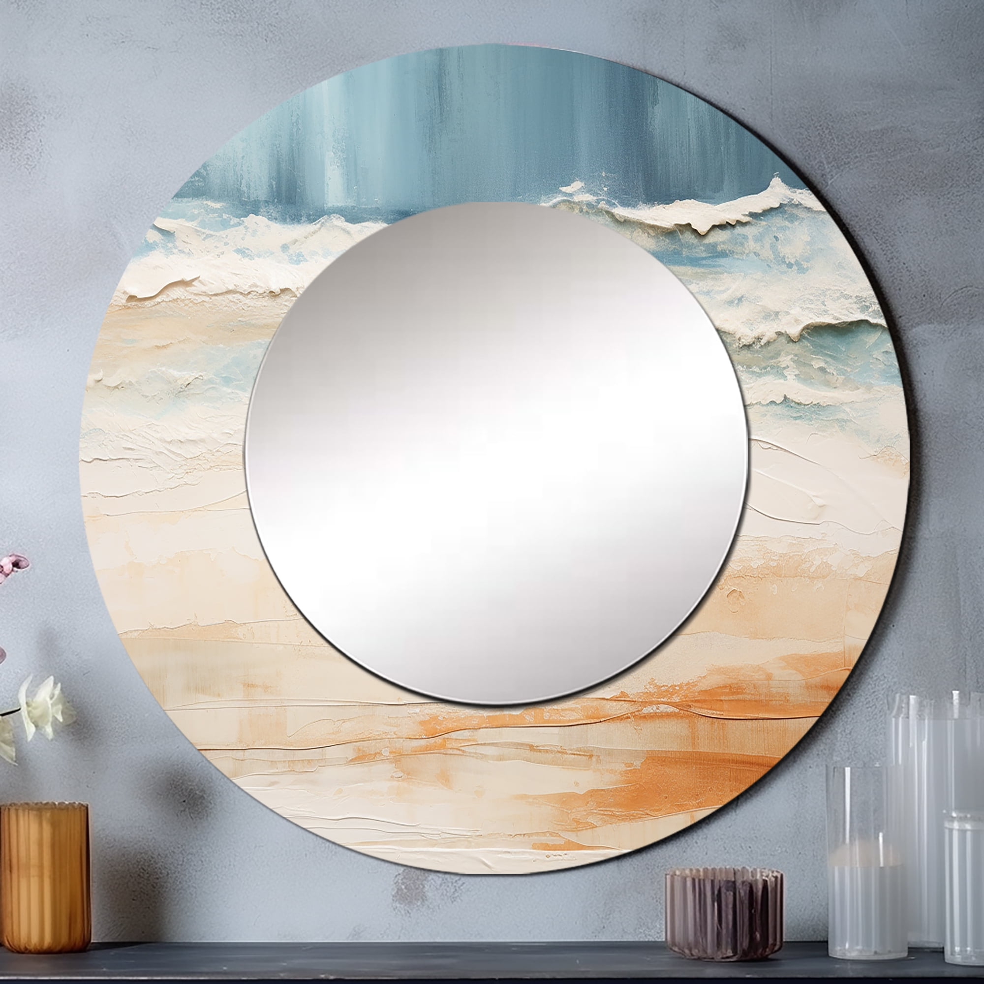 Designart "Taupe And Azure Calm Beach" Coastal Beach Rund Mirror For ...