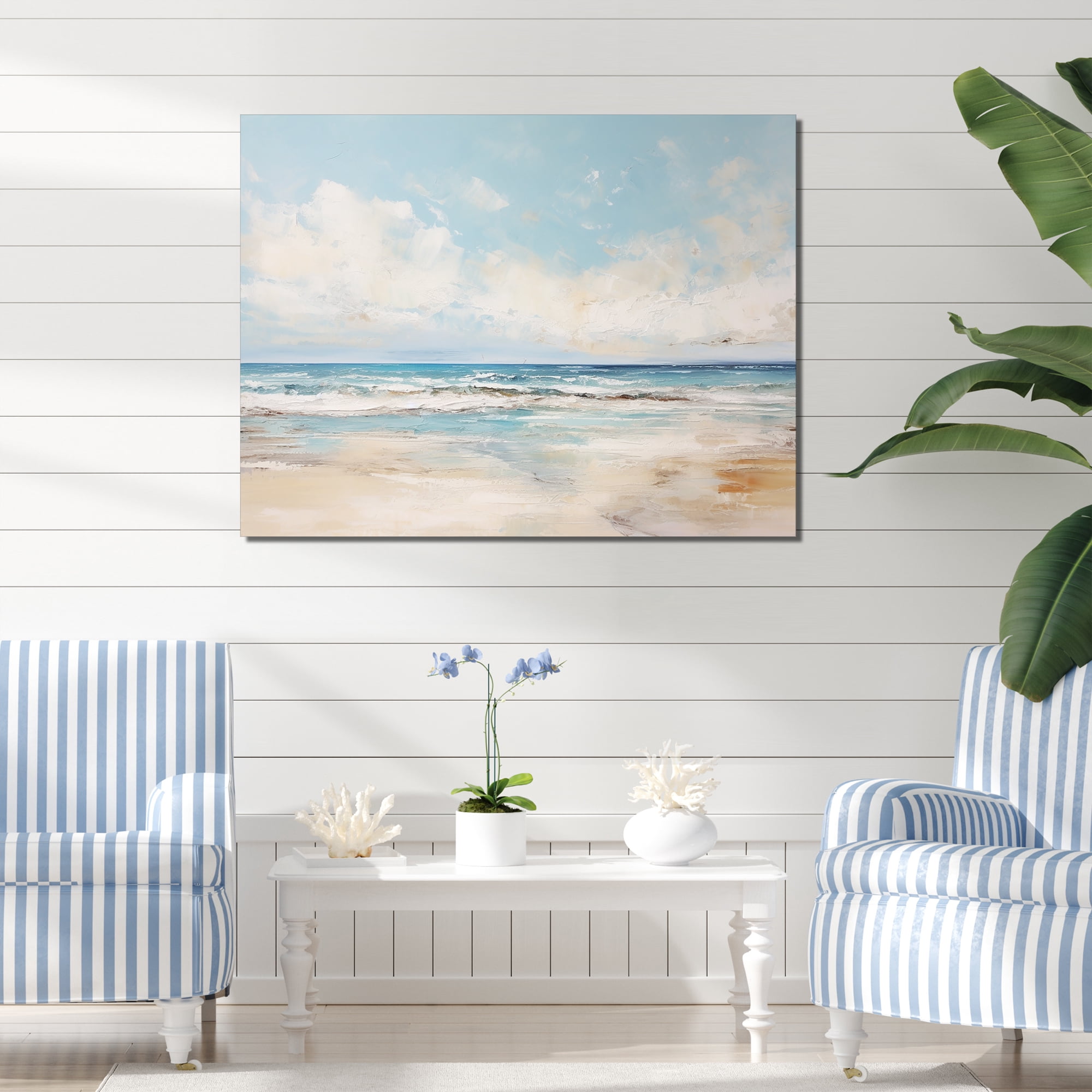 Designart "Taupe And Azure Simplified Seashore Line" Beach Wall Art ...