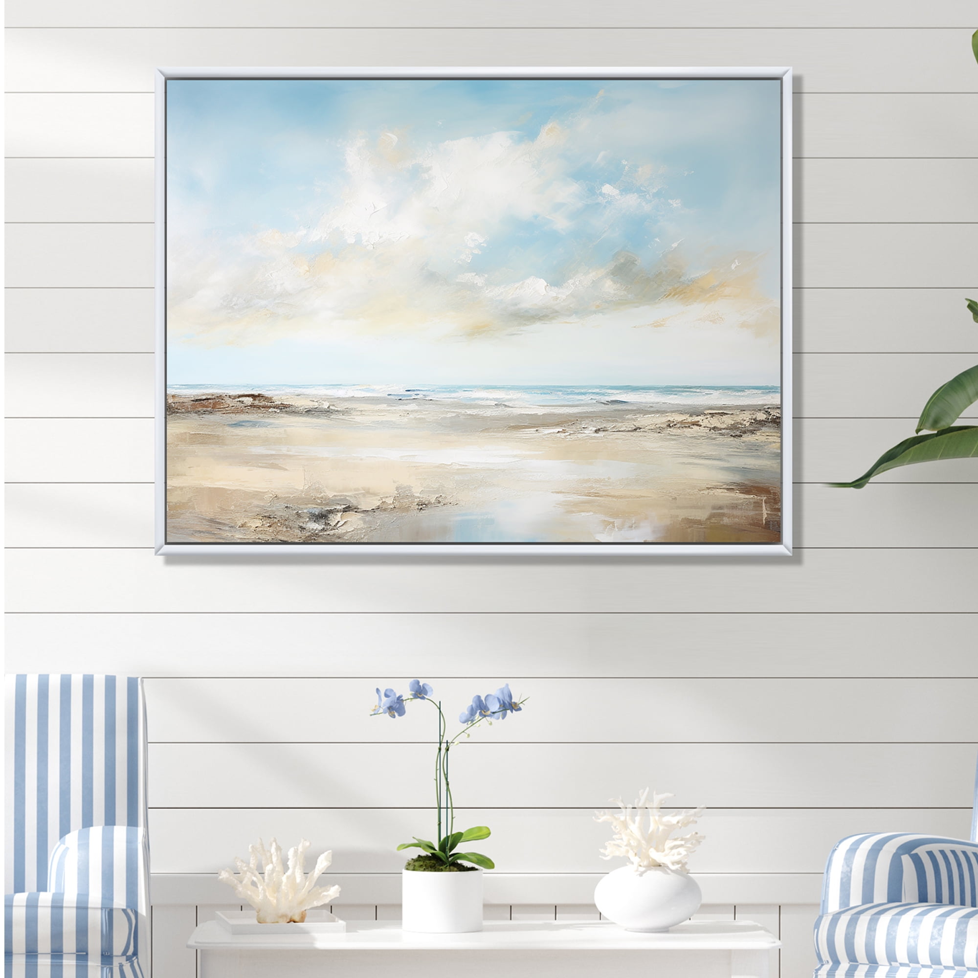 Designart "Taupe And Azure Simplified Seashore Line III" Beach Floater ...