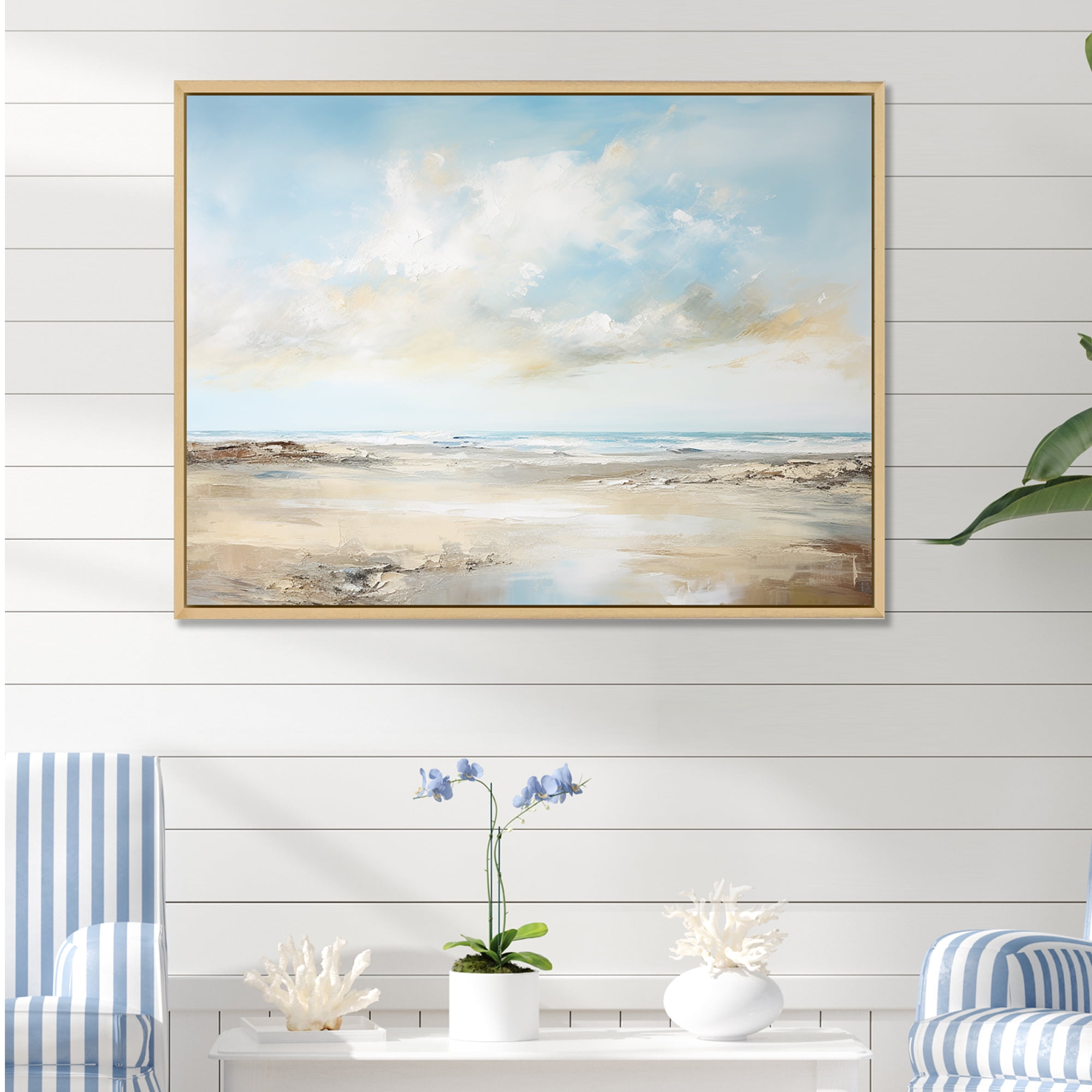 Designart "Taupe And Azure Simplified Seashore Line III" Beach Floater ...