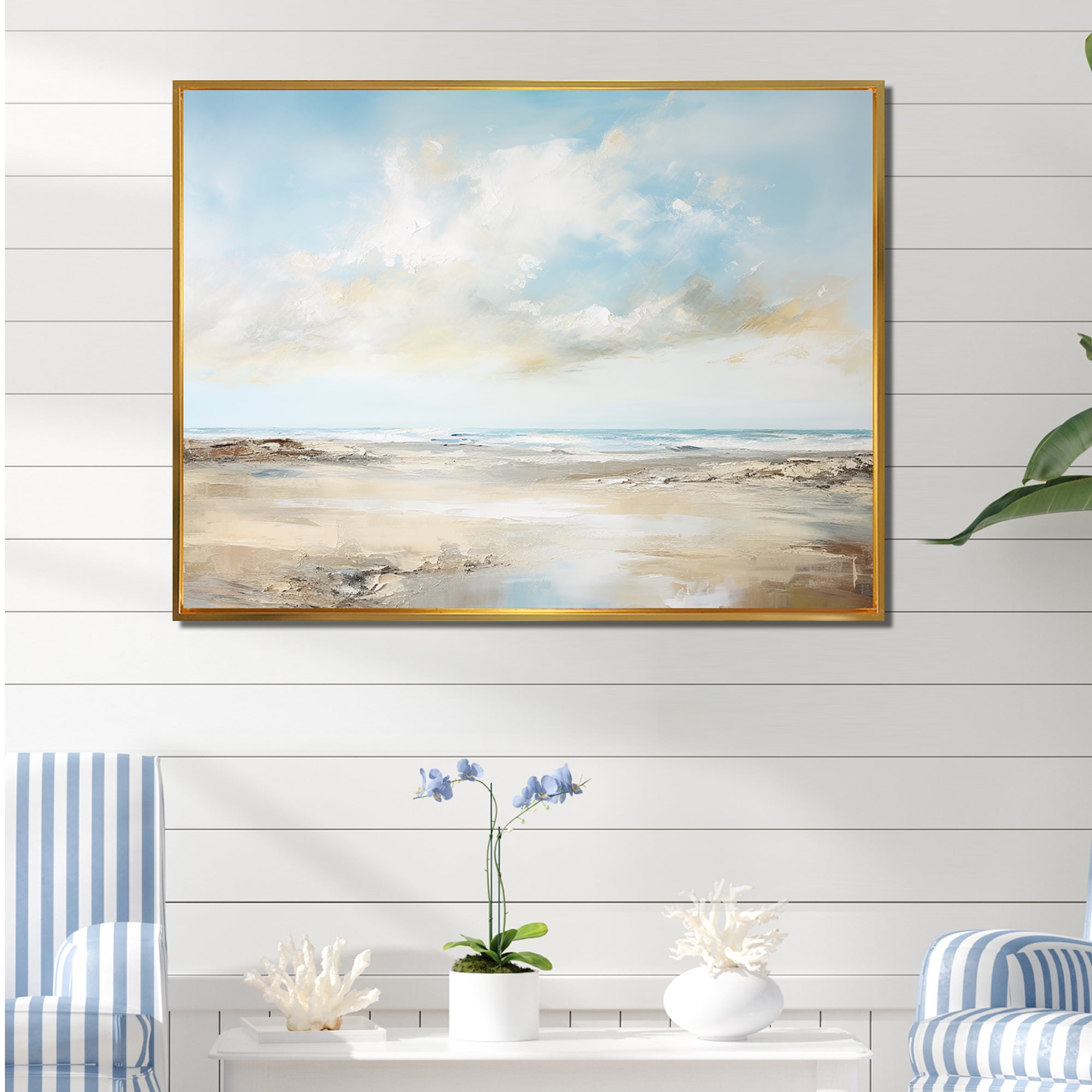 Designart "Taupe And Azure Simplified Seashore Line III" Beach Floater ...