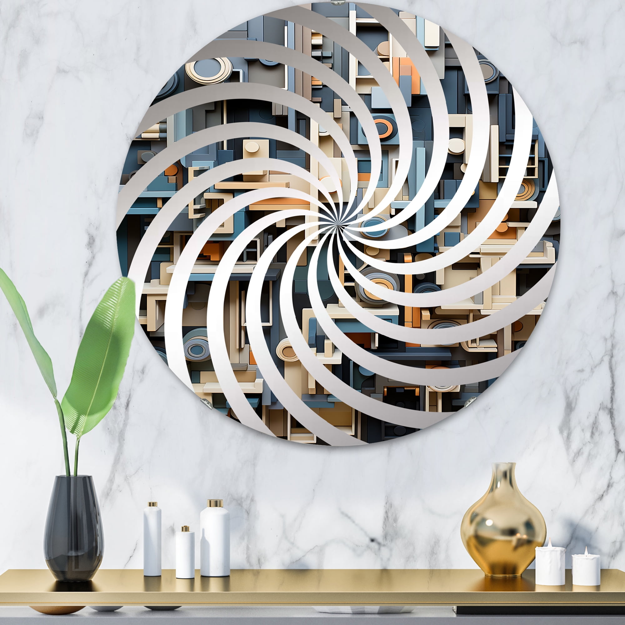Designart "Taupe Geometric Urban Puzzle" Skyscrapers Vortex Round Wall ...