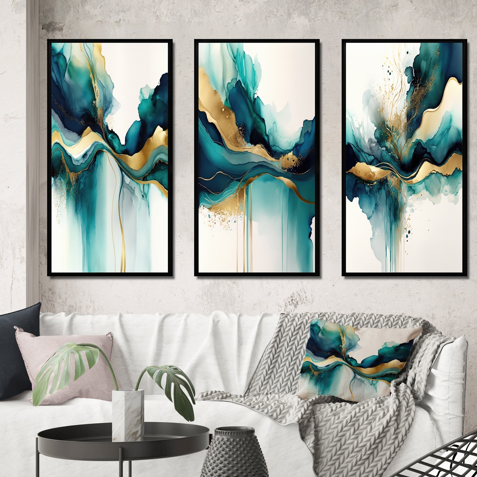 Designart "Teal and Gold Abstract Expressionism I" Modern Framed Wall ...
