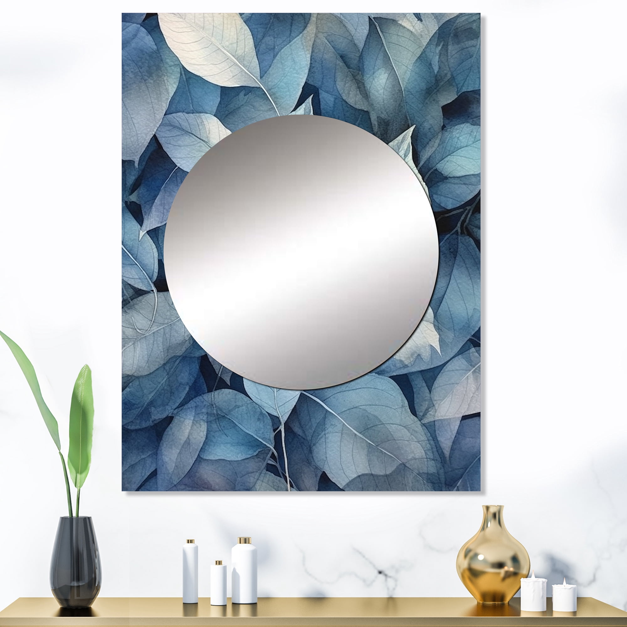 Designart "Teal Grey Leafs Harmony Subdued Hues" Floral Mirror Wall ...