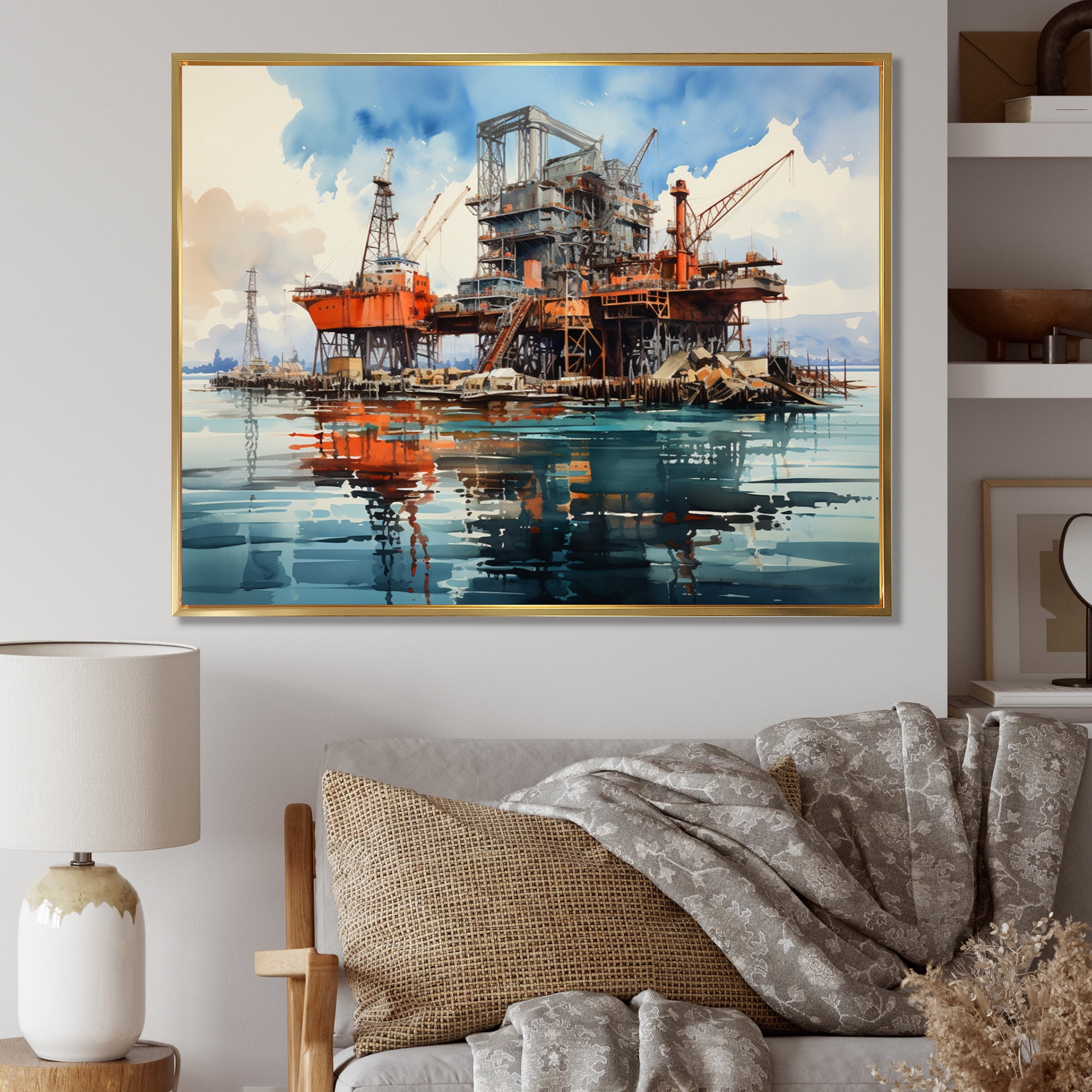 Designart "Teal Oil Rigs landscapes Offshore II" Oil Rigs / Fields ...