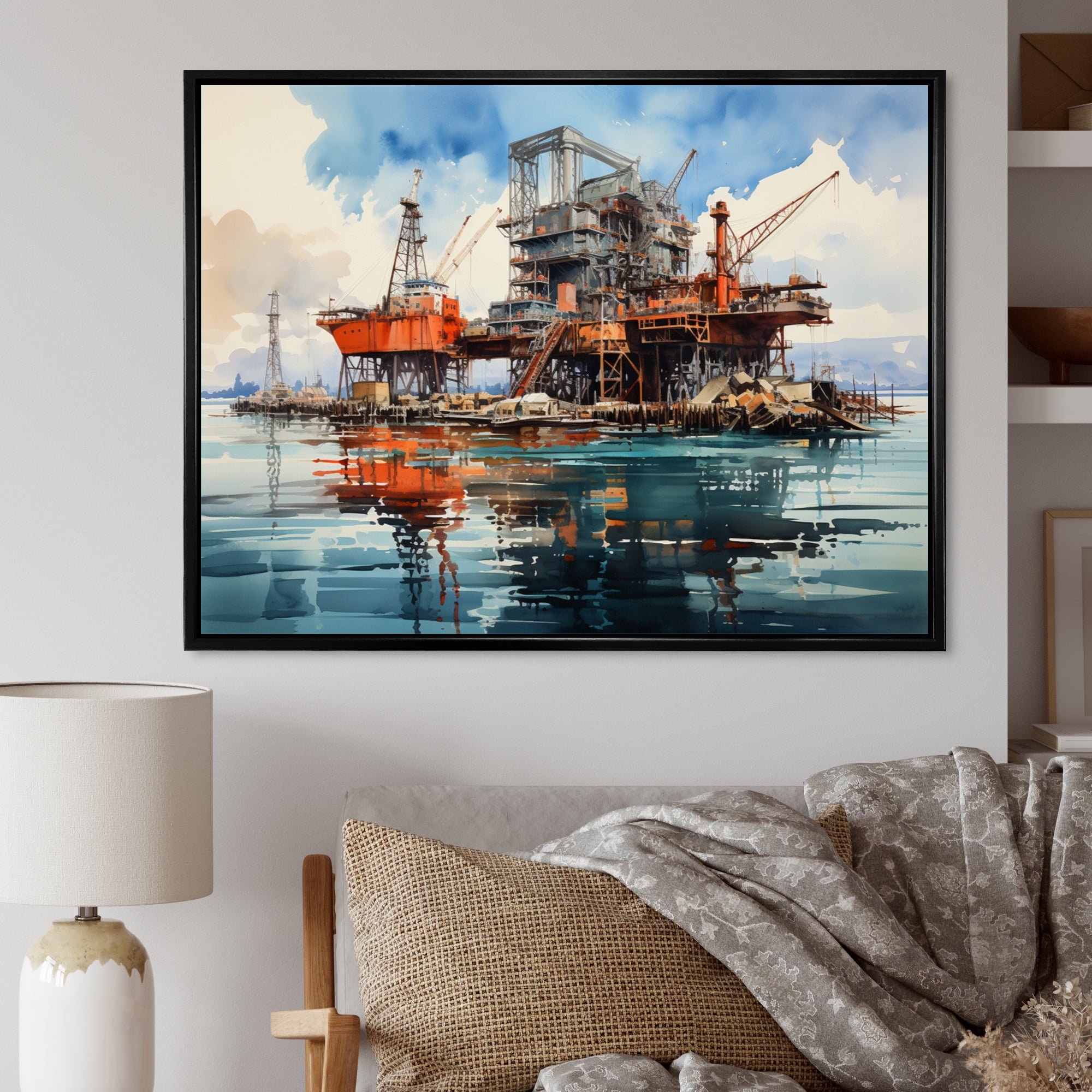 Designart "Teal Oil Rigs landscapes Offshore II" Oil Rigs / Fields ...