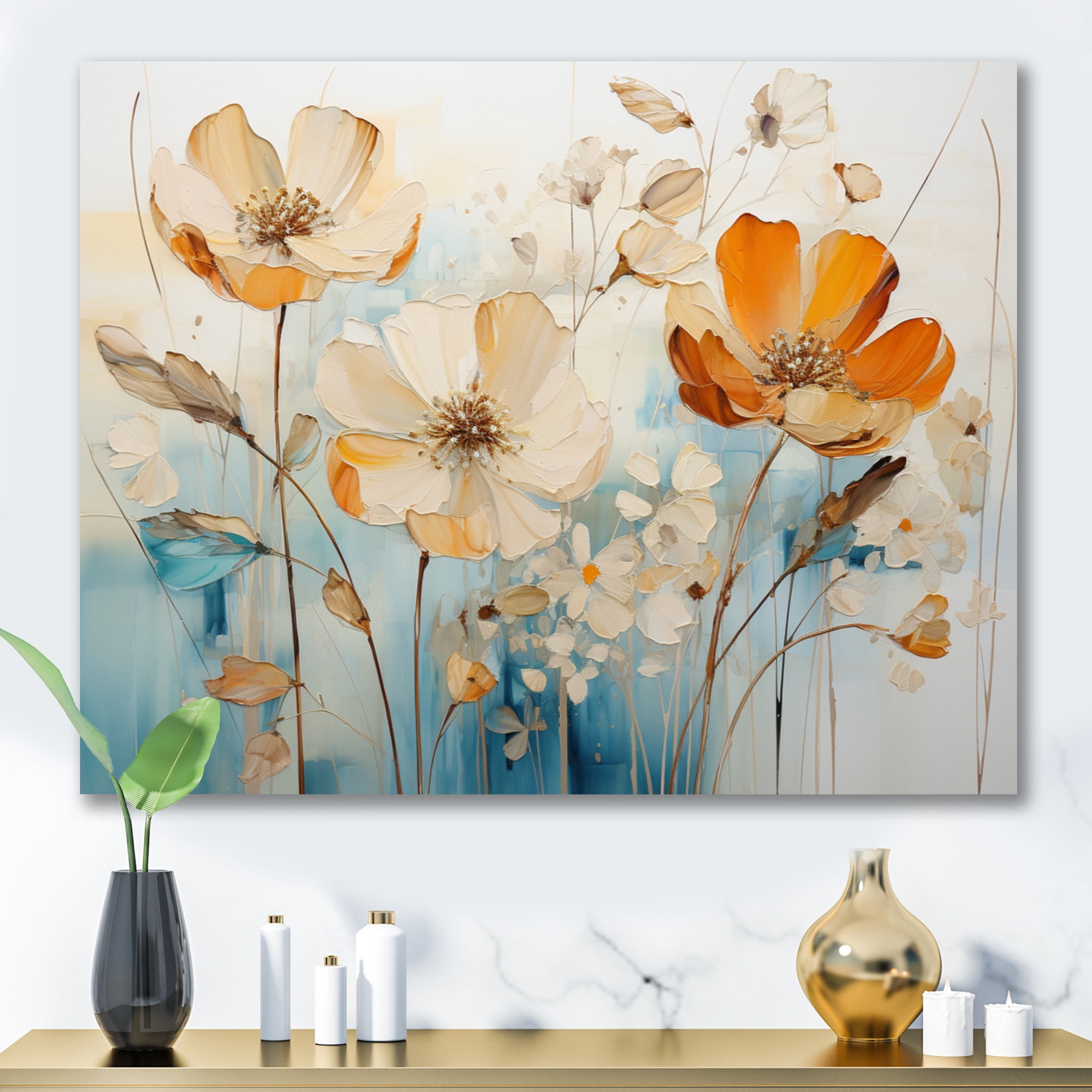 Designart "Teal Orange botanic particles II" Abstract Botanicals Canvas ...