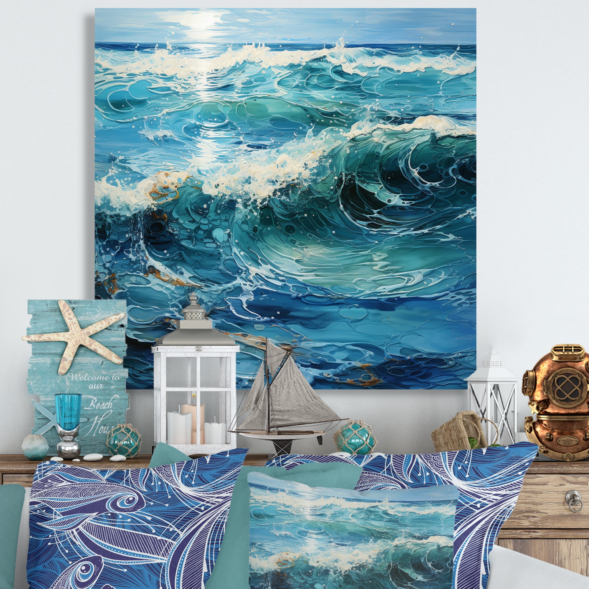Designart "Teal White Ocean Charm Pointillism I" Nautical & Beach Wall ...