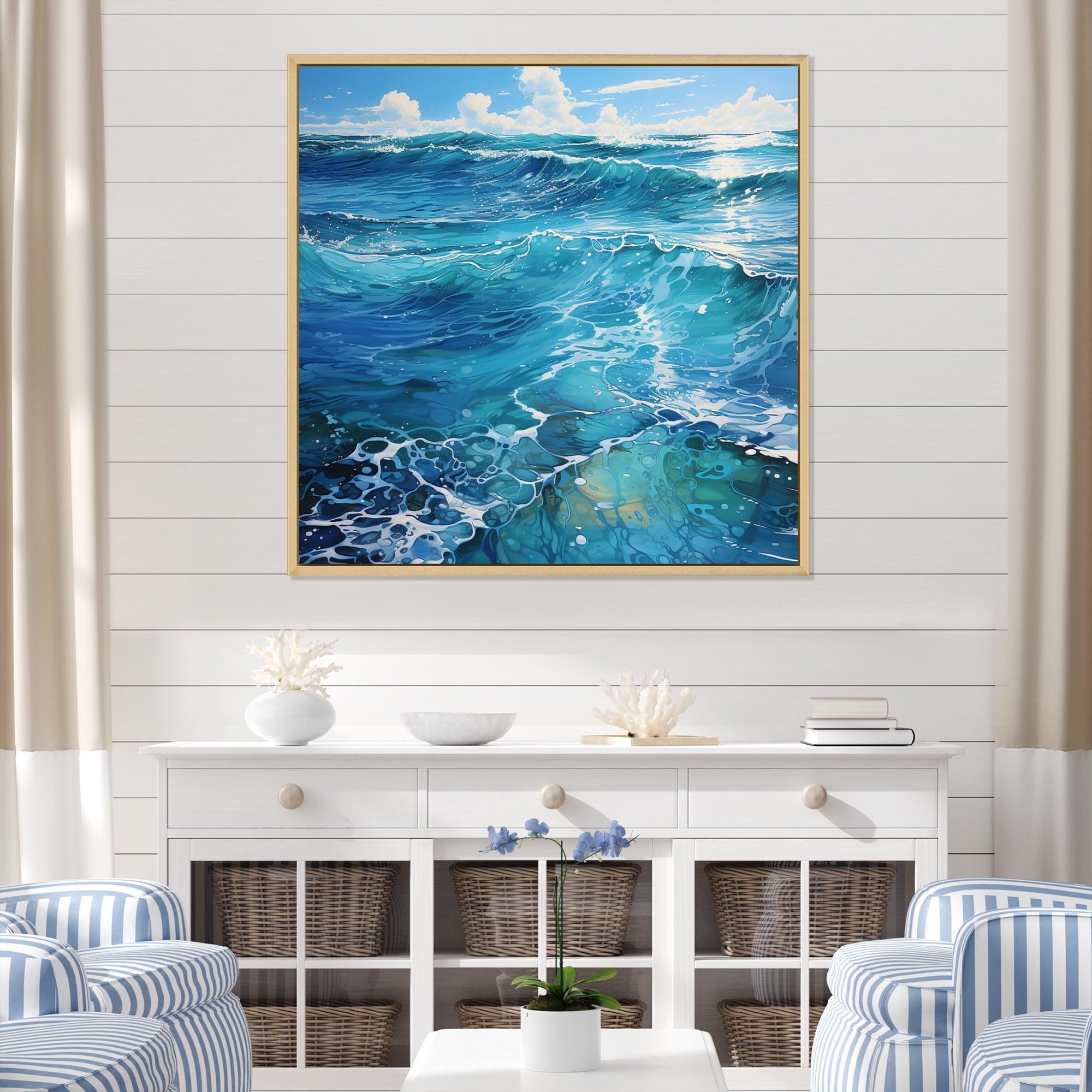 Designart "Teal White Ocean Charm Pointillism III" Nautical & Beach ...