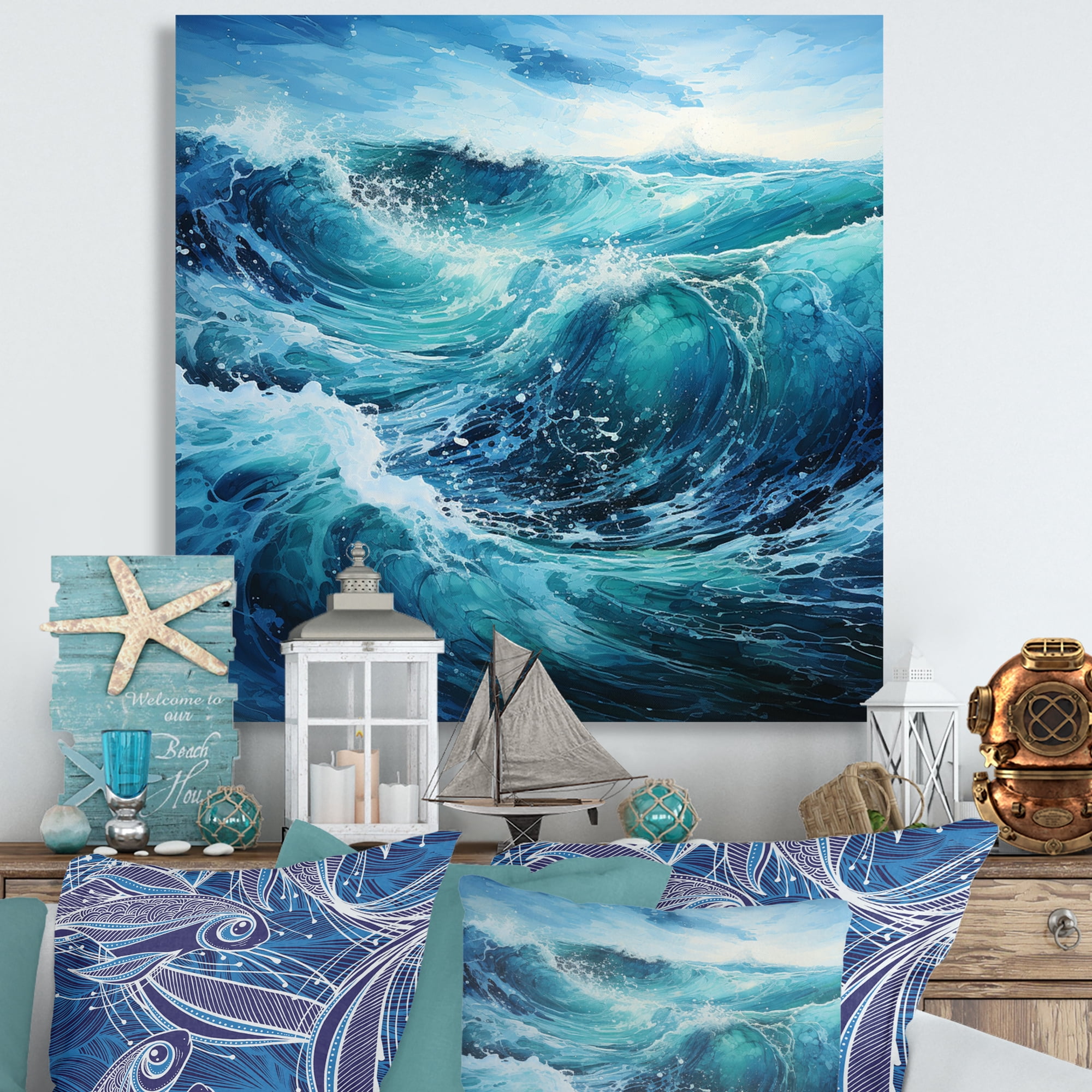 Designart "Teal White Ocean Charm Pointillism IV" Nautical & Beach ...