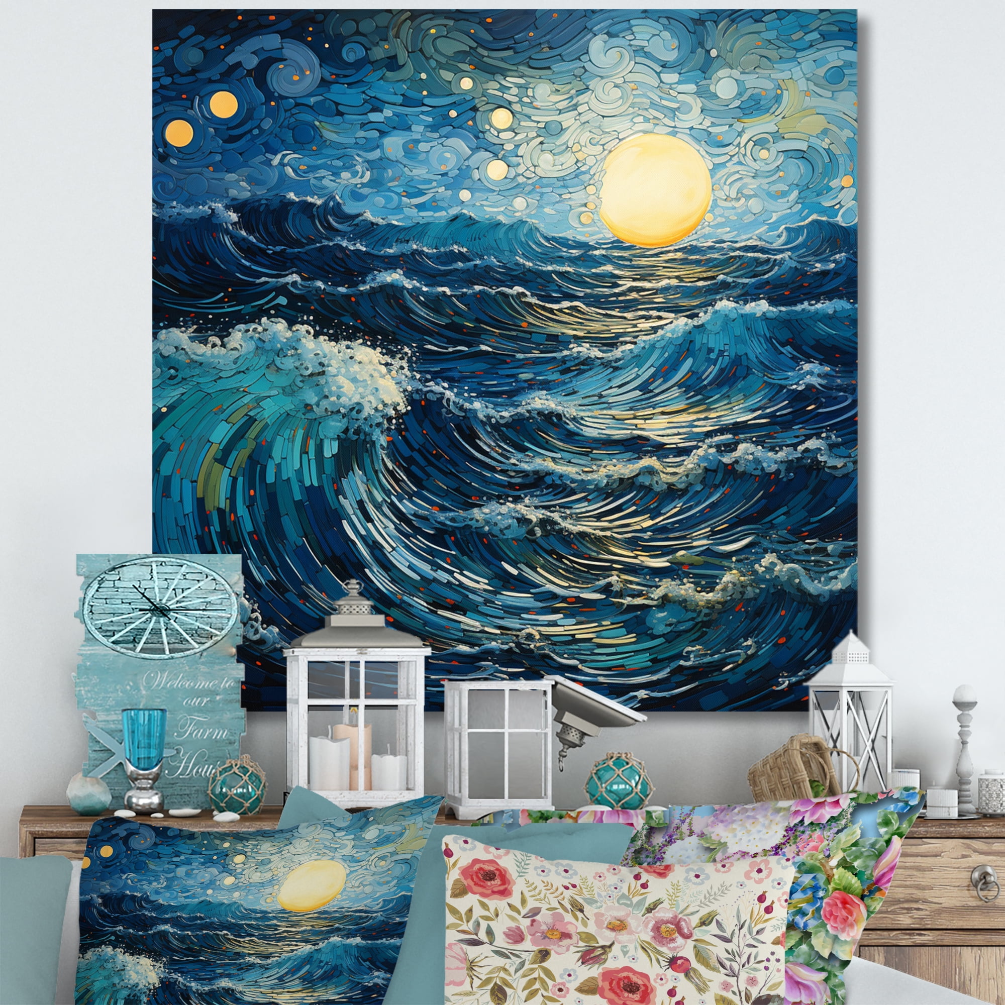 Designart "Teal Yellow Ocean Coastal Charm Pointillism I" Nautical ...
