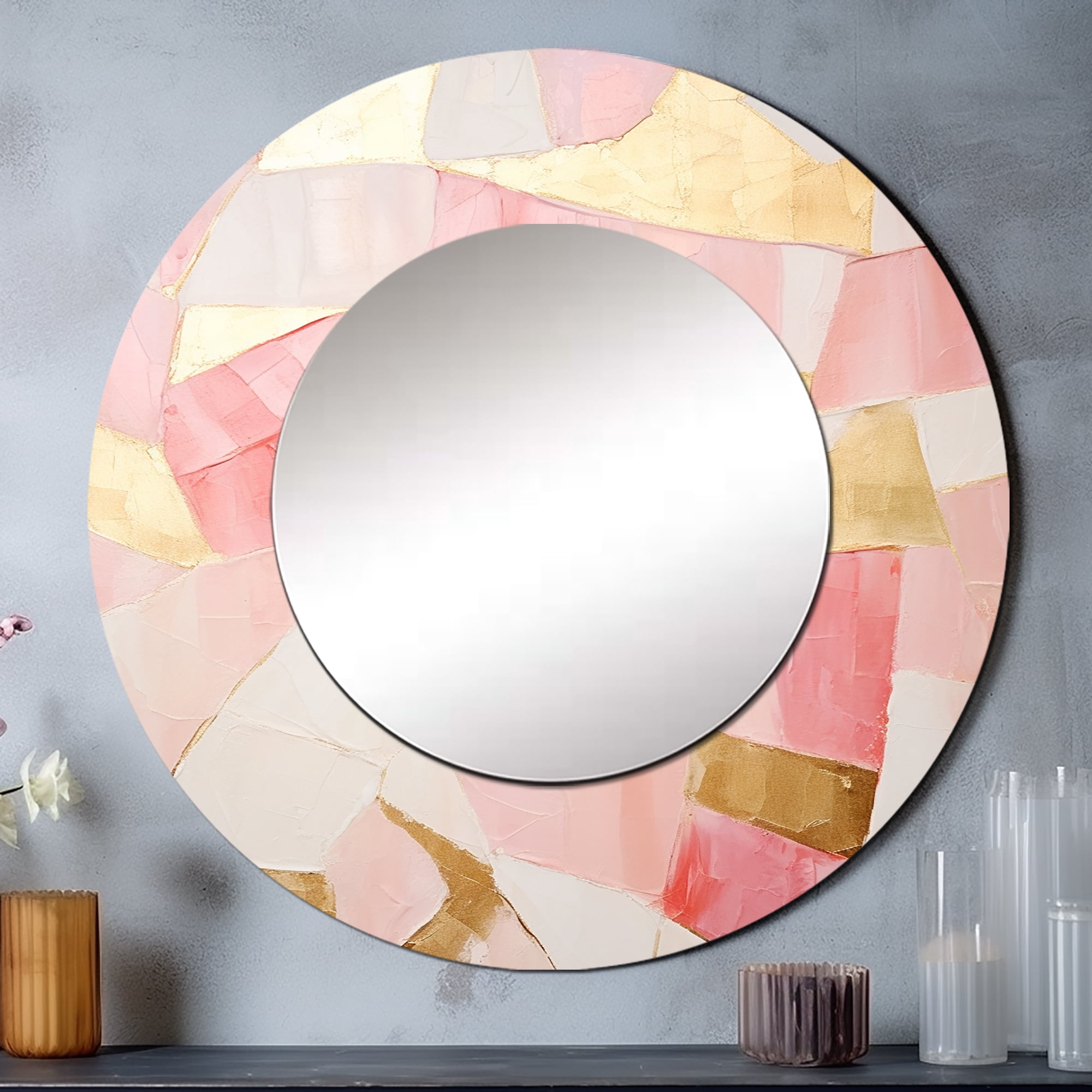 Designart "Tessellations In Pink And Gold" Abstract Shapes Rund Mirror ...