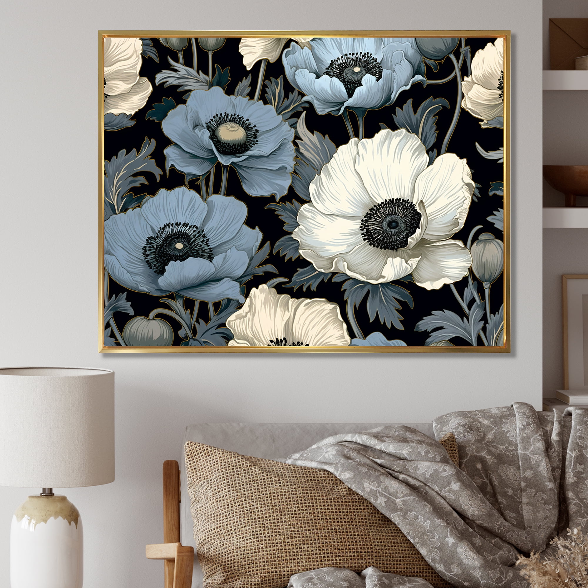 Designart "The Bliss Of Blue And Grey Poppies I" Flowers Floater Framed ...